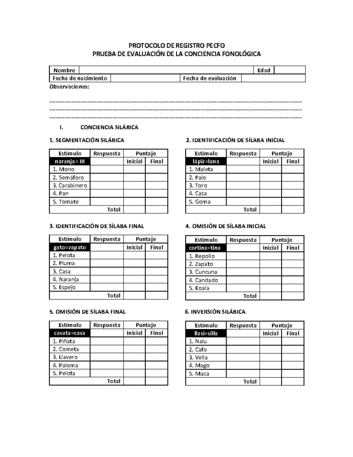 Hoja de registro Pecfo - S - PROTOCOLO DE REGISTRO PECFO PRUEBA DE EVALUACIÓN DE LA CONCIENCIA ...