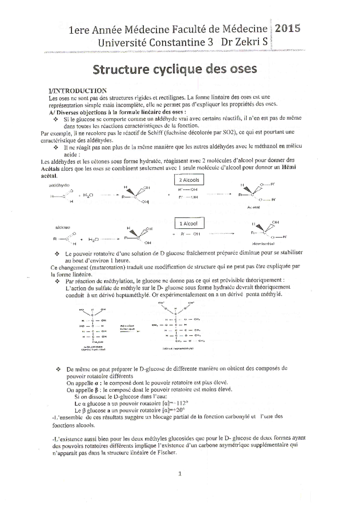 Bioch 1an-structure cyclique oses zekri - Biologie - Studocu
