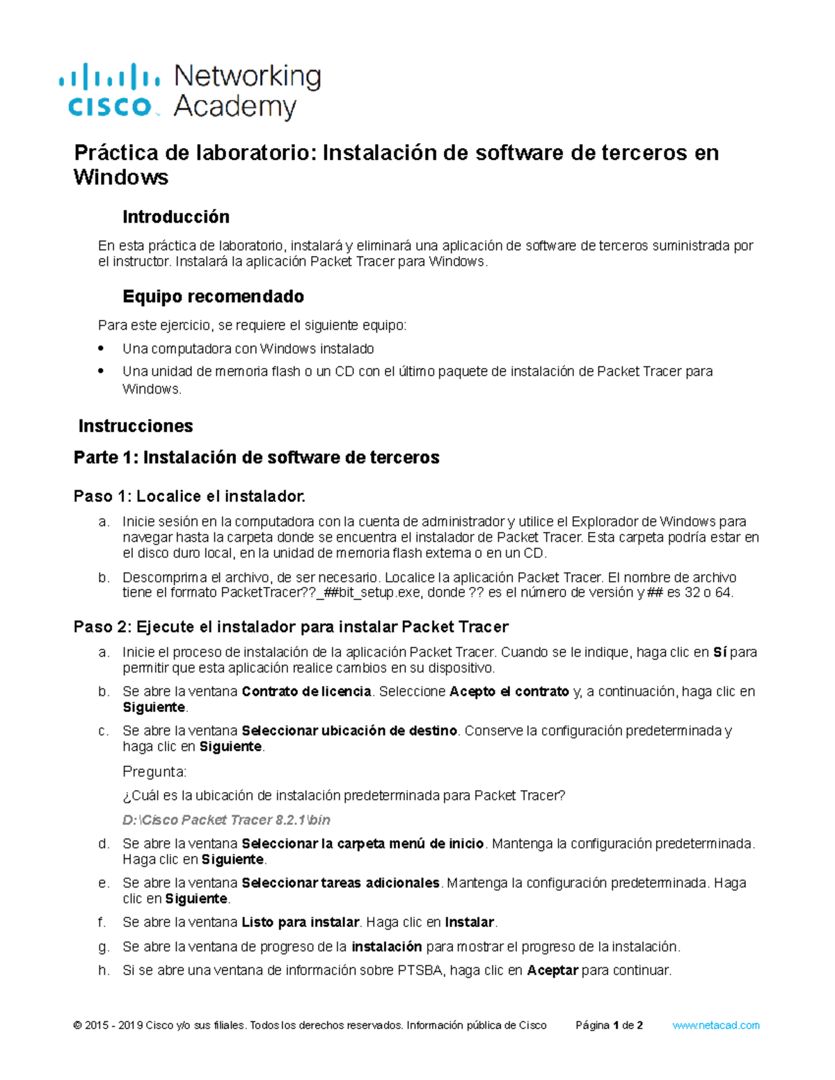 6.1.2.0 Lab - Install Packet Tracer Software in Windows completa - Práctica de laboratorio ...