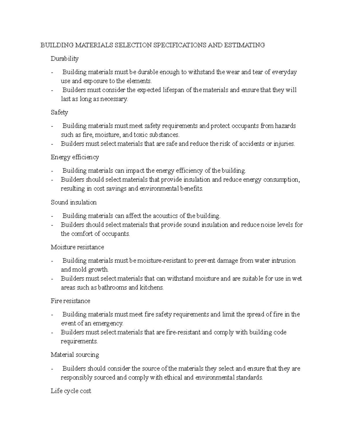 Building Materials Selection Specifications AND Estimating Notes 2 ...