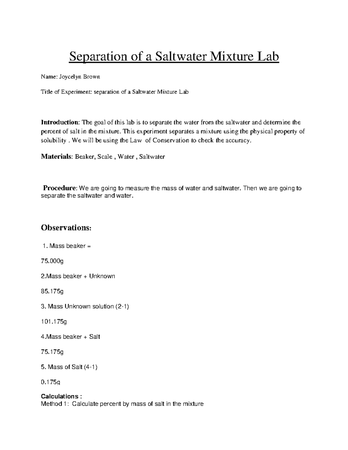 Lab 3 - Lab 3 for chem lab - Separation of a Saltwater Mixture Lab Name ...