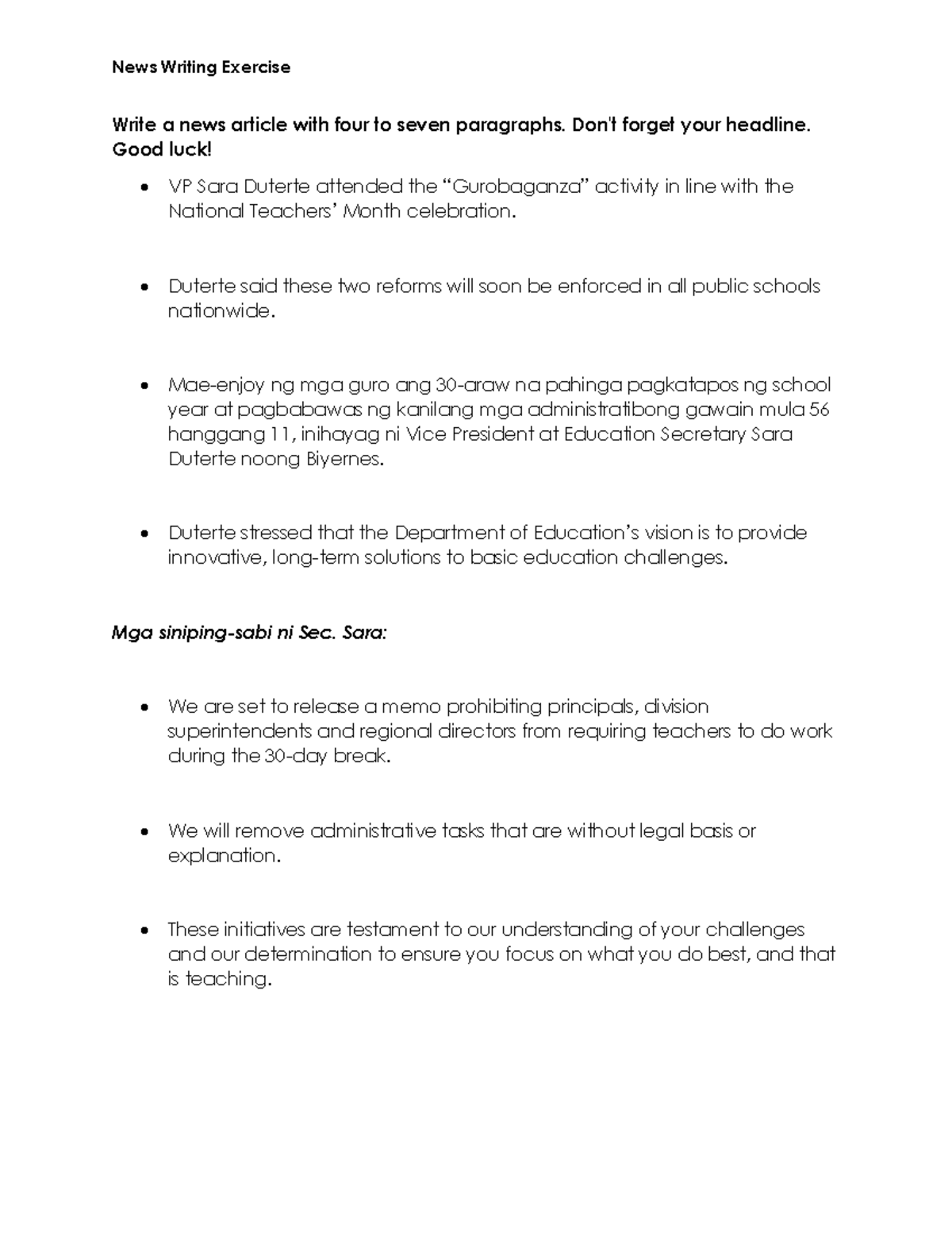 Factsheet for SPA trainers Pasig City - News Writing Exercise Write a ...