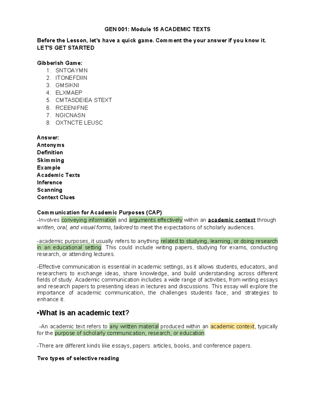 GEN-001 lesson-15-reviewer - GEN 001: Module 15 ACADEMIC TEXTS Before ...