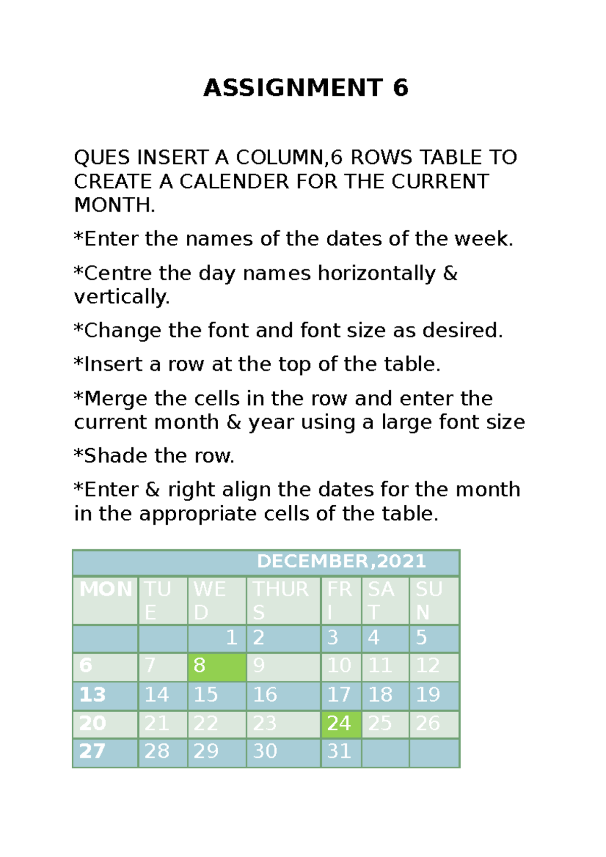 Assignment 6 - calender in ms word - ASSIGNMENT 6 QUES INSERT A COLUMN ...