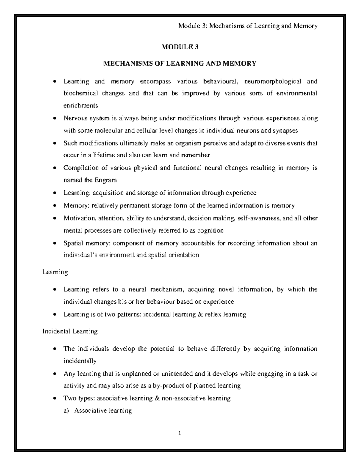 Module 3- Mechanisms of Learning and Memory - MODULE 3 MECHANISMS OF LEARNING AND MEMORY ...