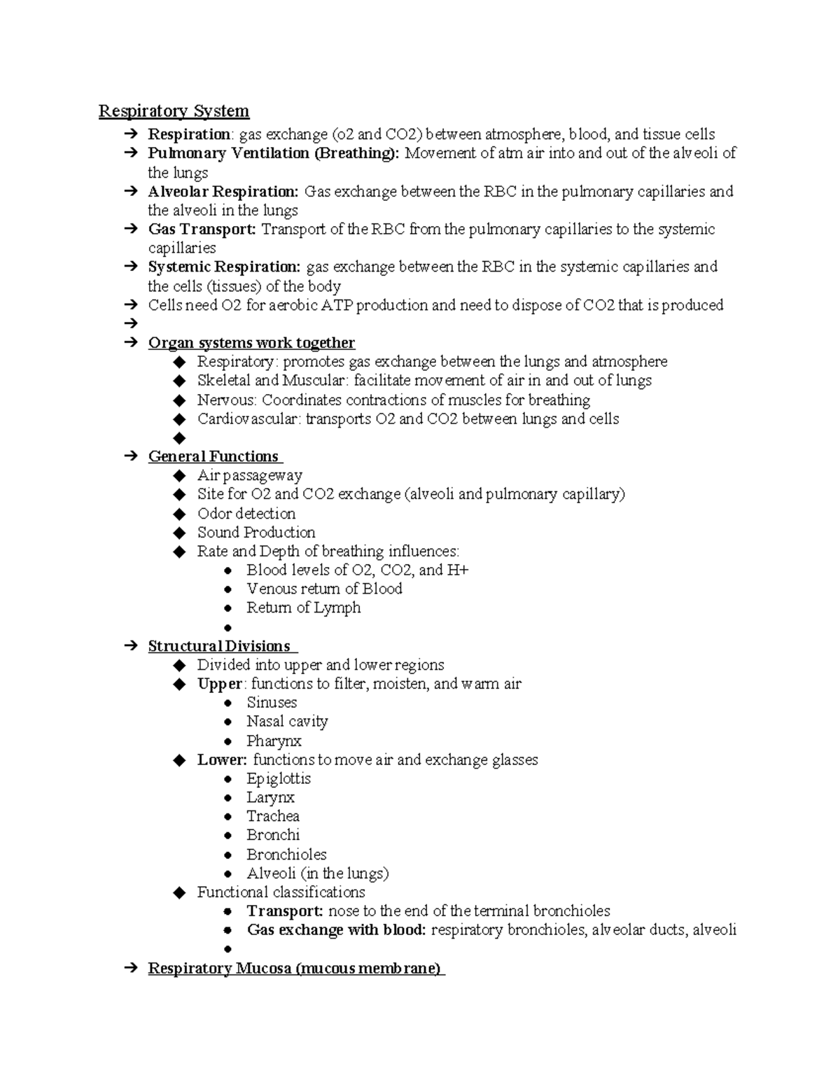 Respitory System - Respiratory System Respiration: gas exchange (o2 and ...
