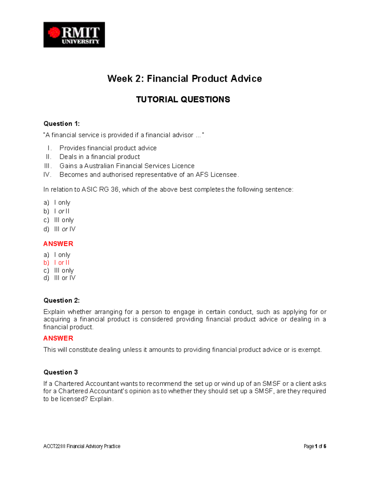 Wk 2 Topic 2 Tut Answers-2 - Week 2: Financial Product Advice TUTORIAL ...