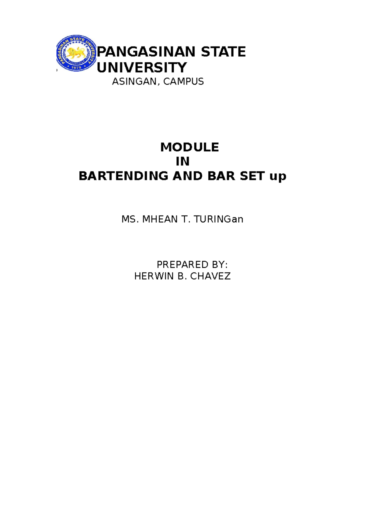 Bartending AND BAR SET UP - PANGASINAN STATE UNIVERSITY ASINGAN, CAMPUS MODULE IN BARTENDING AND ...