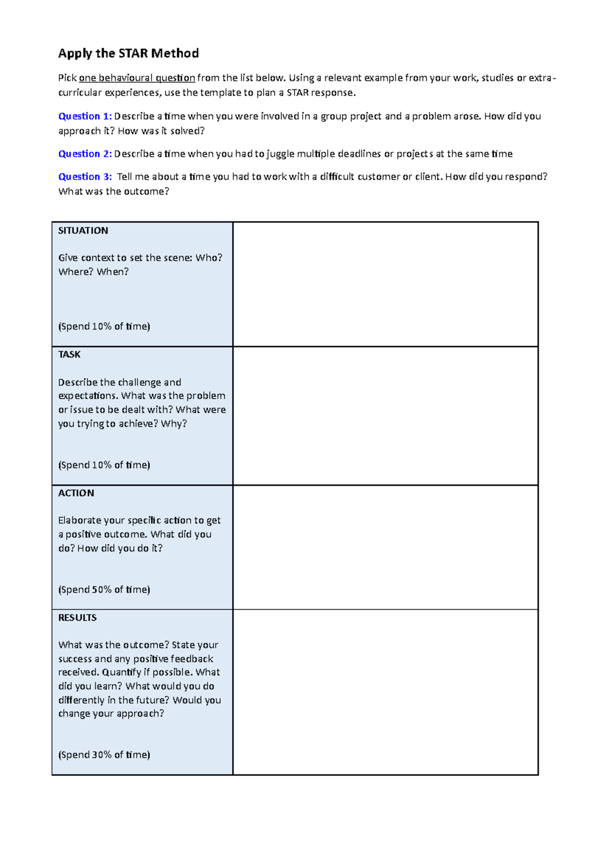 Apply the STAR Method Worksheet - Apply the STAR Method Pick one ...