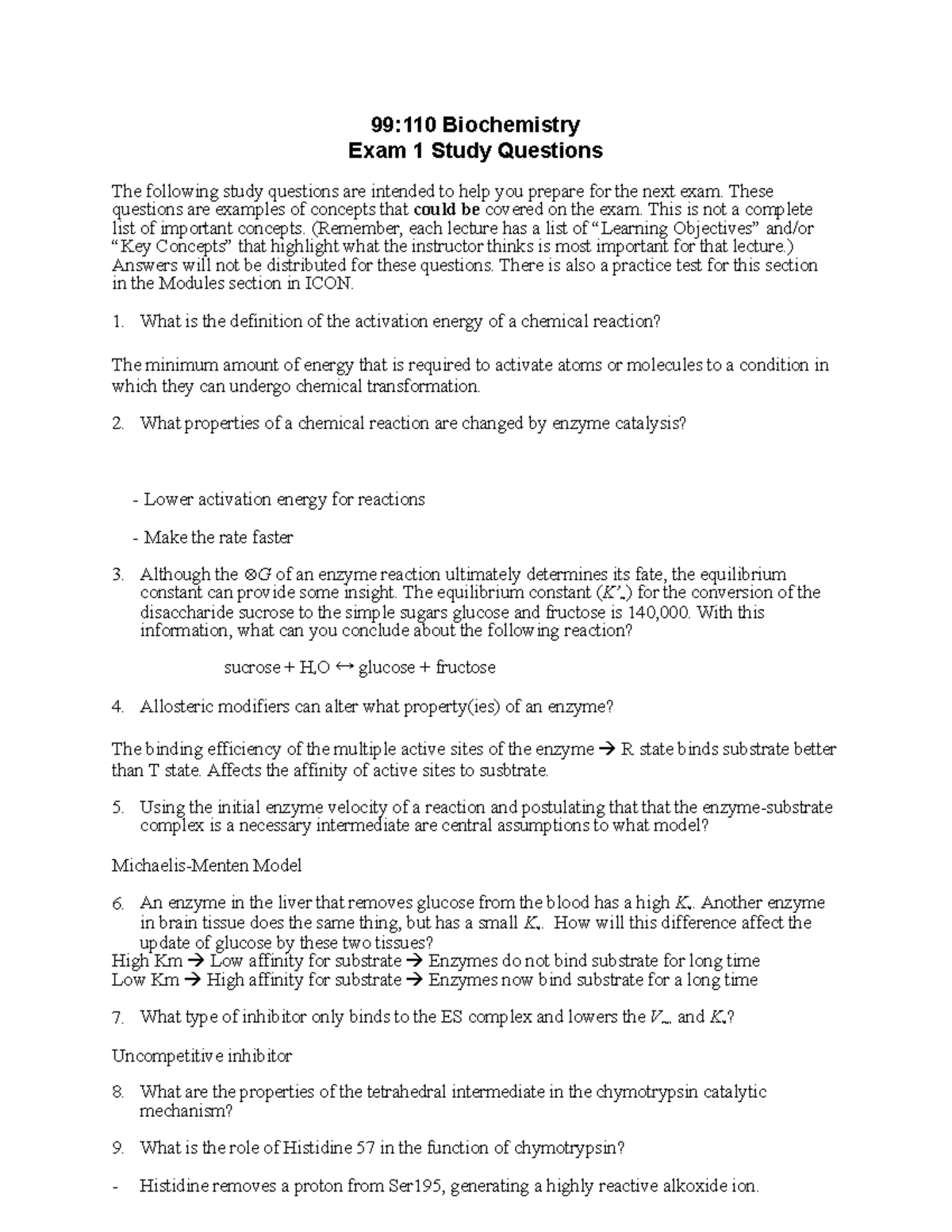 BIOC3110 Study Questions Exam1 - 99:110 Biochemistry Exam 1 Study ...