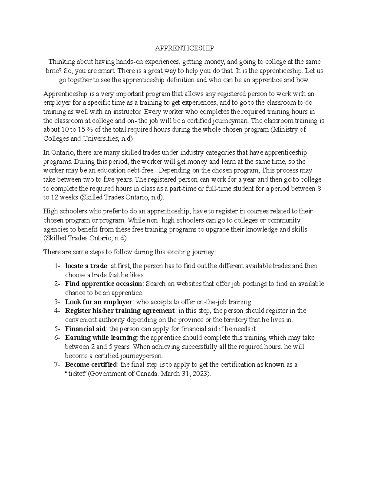 Apprenticeship - Summary Training and Development - APPRENTICESHIP ...