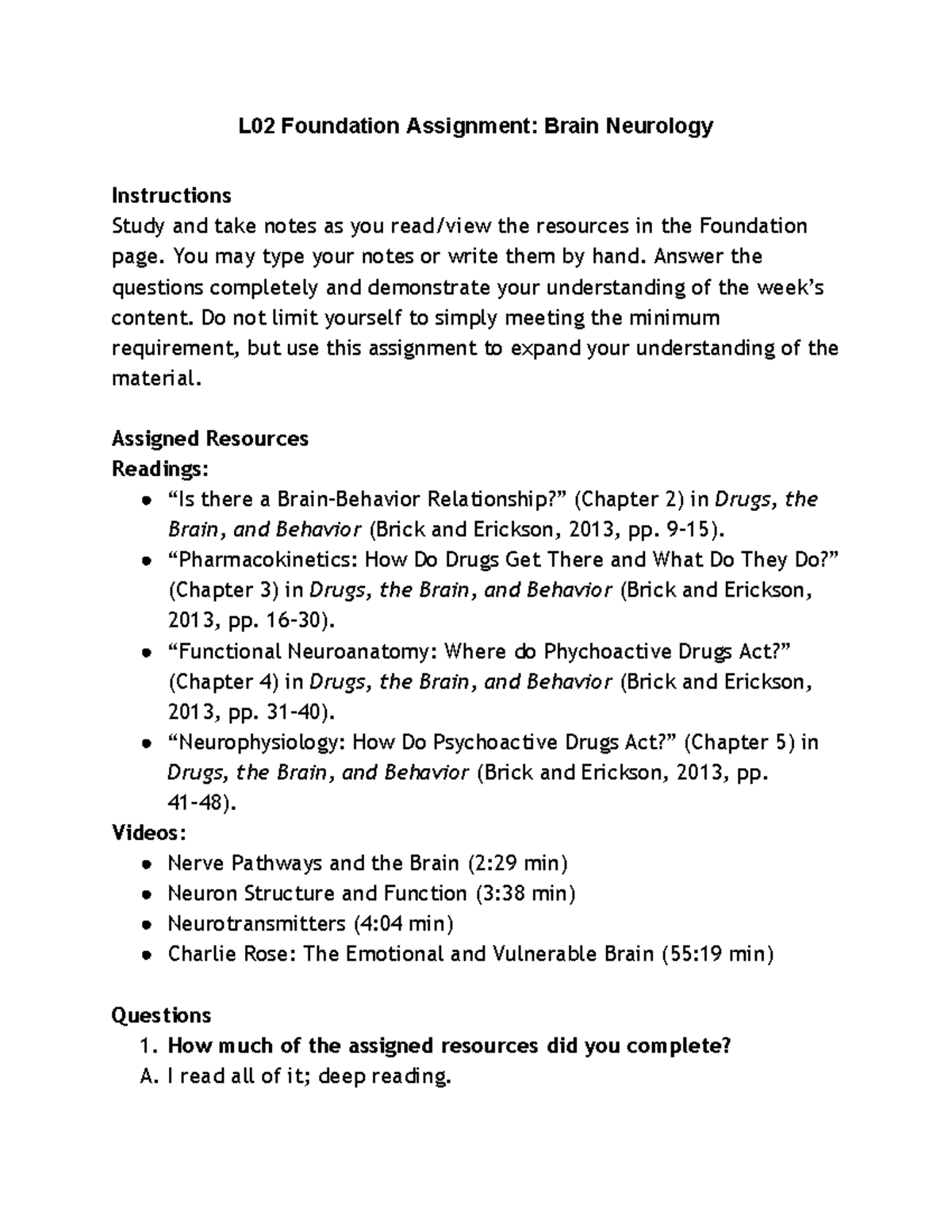L02 Foundation Assignment Brain Neurology - You may type your notes or ...