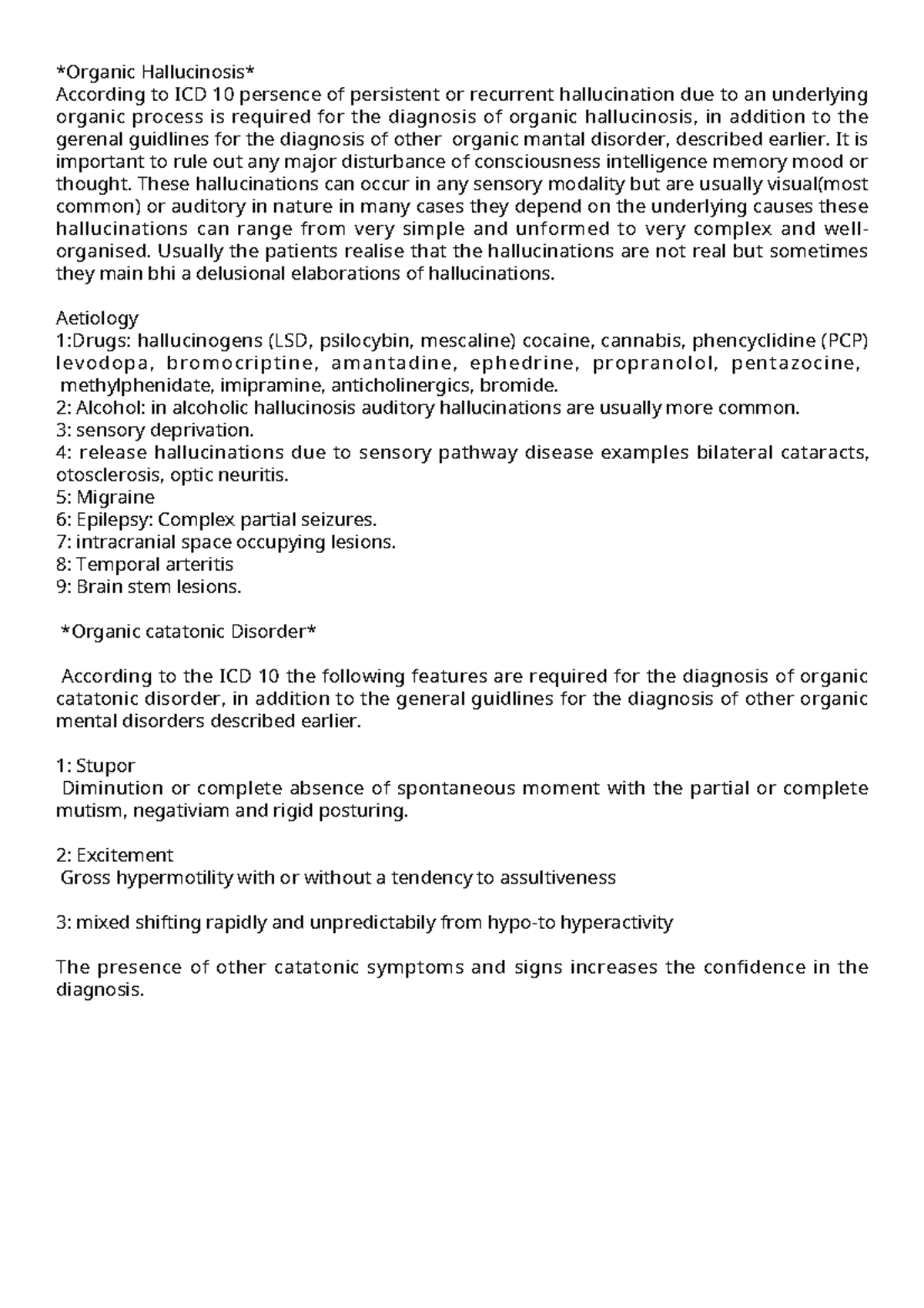 Organic Hallucinosis and Organic Catatonic Disorder - Organic ...