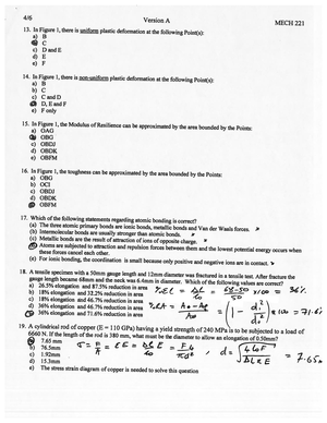 Final exam sample - MECH 221 Multiple Choice True/False Answer Sheet Student ID # For questions ...