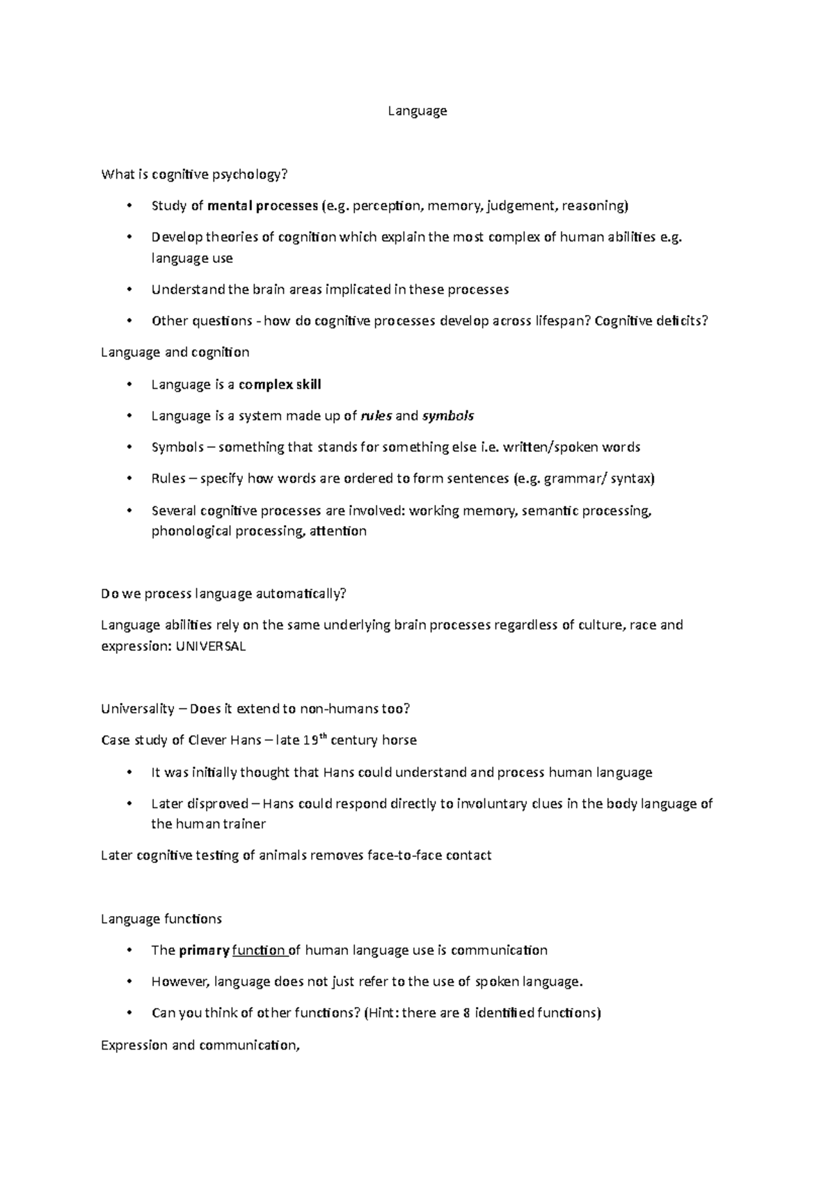 Language - Language What is cognitive psychology? • Study of mental ...