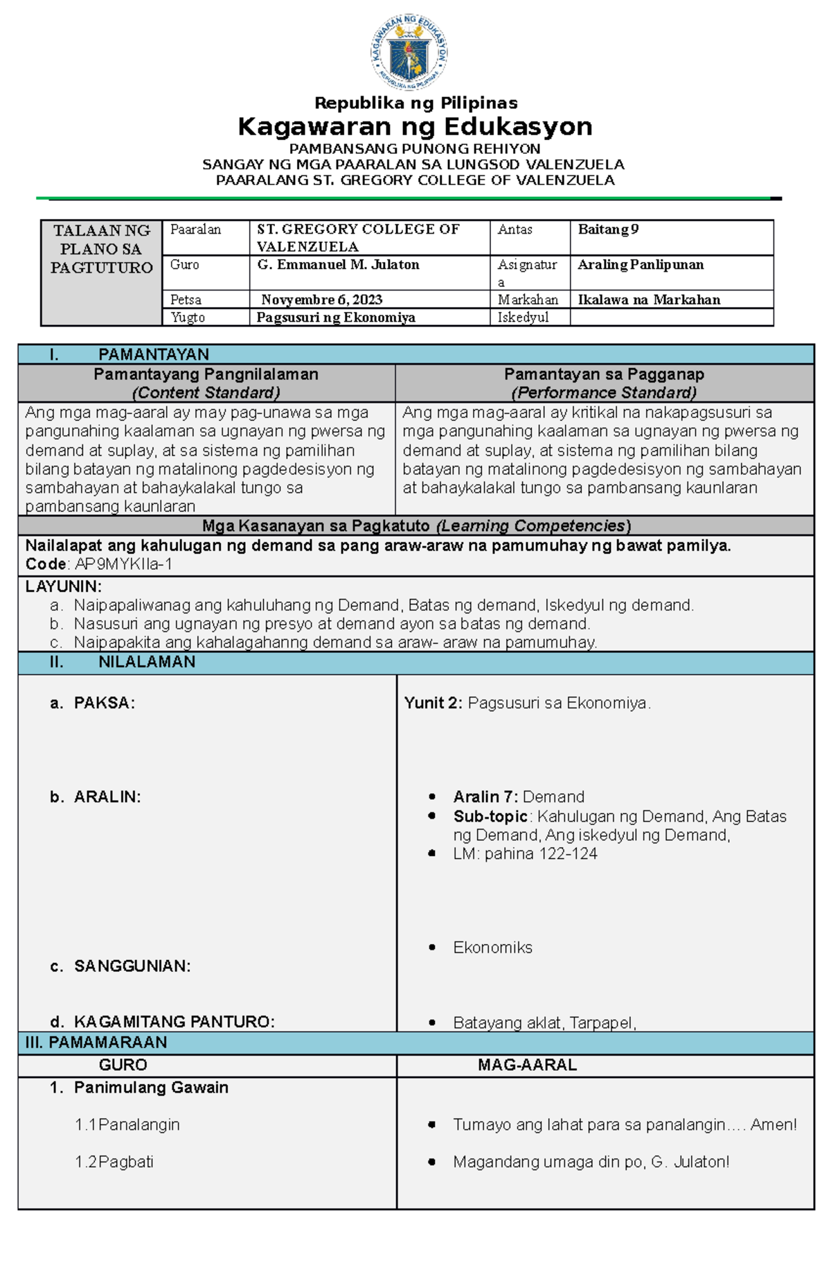 Lesson-PLAN-FOR-DEMO- Teaching Monday - Republika ng Pilipinas ...