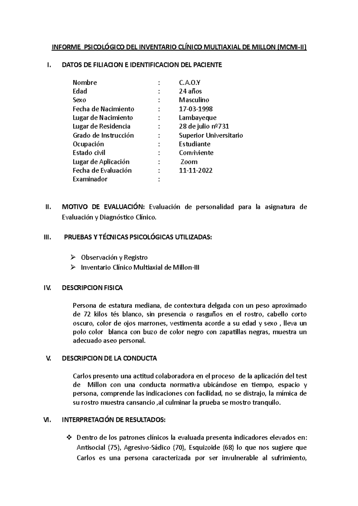 Informe 1 - pruebas - INFORME PSICOLÓGICO DEL INVENTARIO CLÍNICO ...
