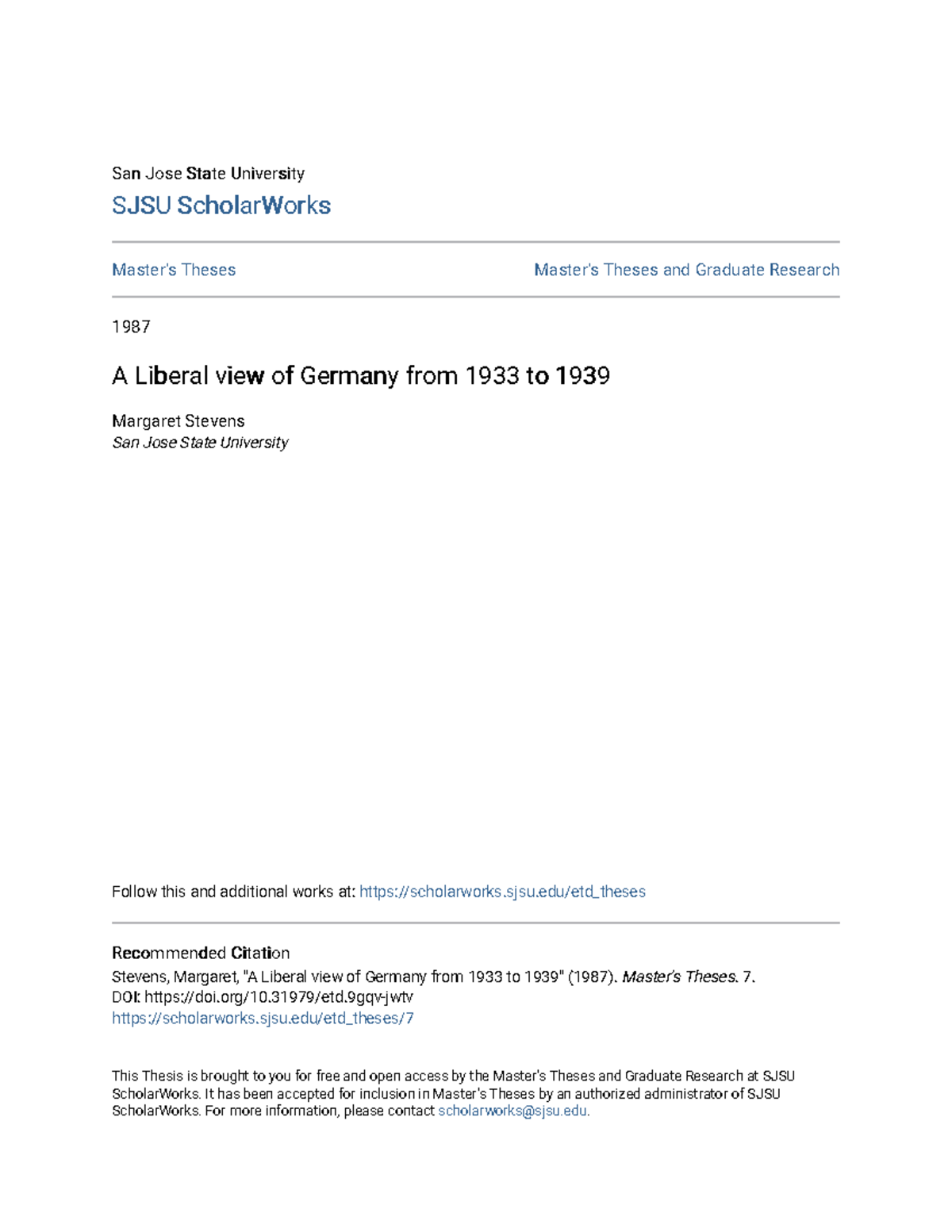 A Liberal view of Germany from 1933 to 1939 - sjsu/etd_theses ...