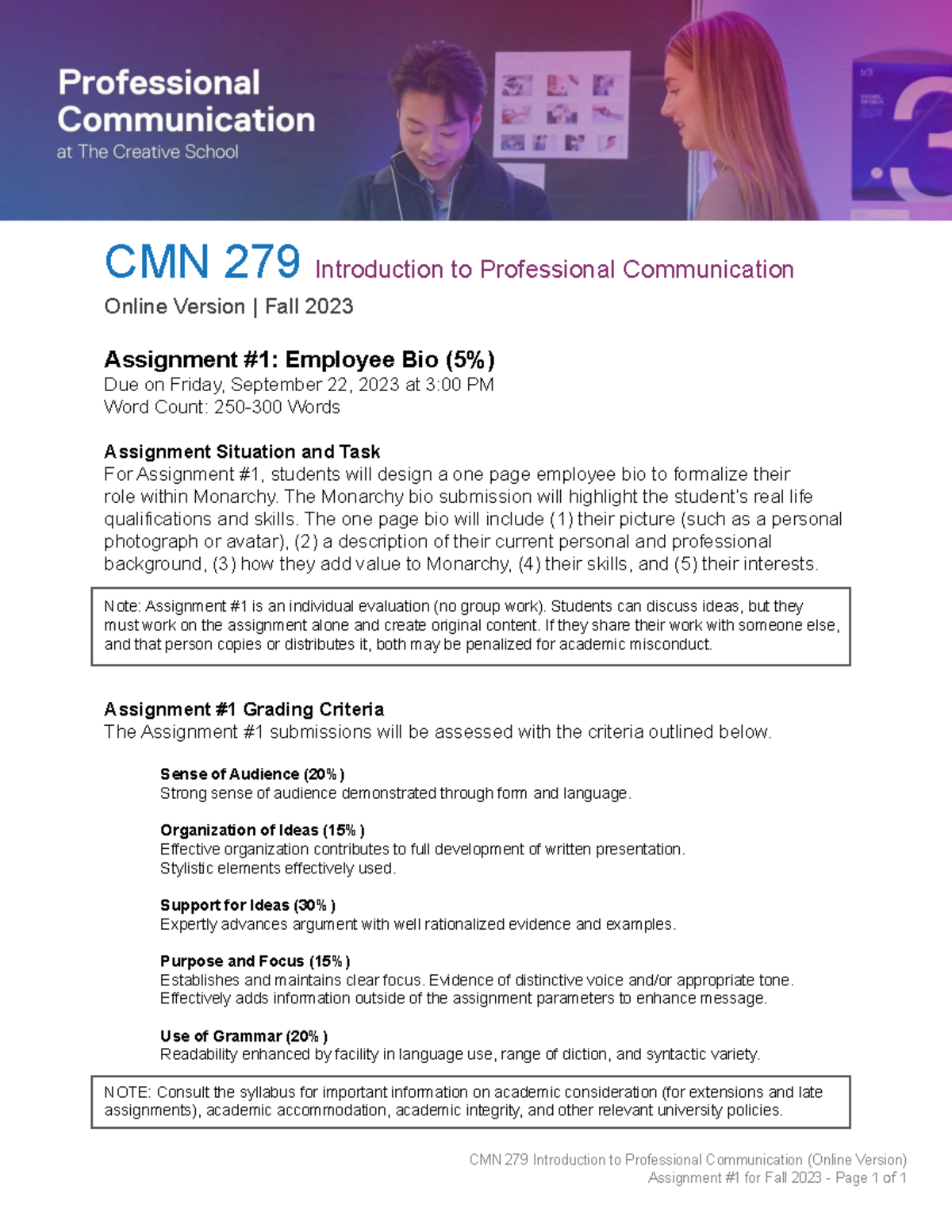 CMN 279 (Online) Assignment #1 Handout - F2023 - Assignment #1: Employee Bio (5%) Due on Friday ...