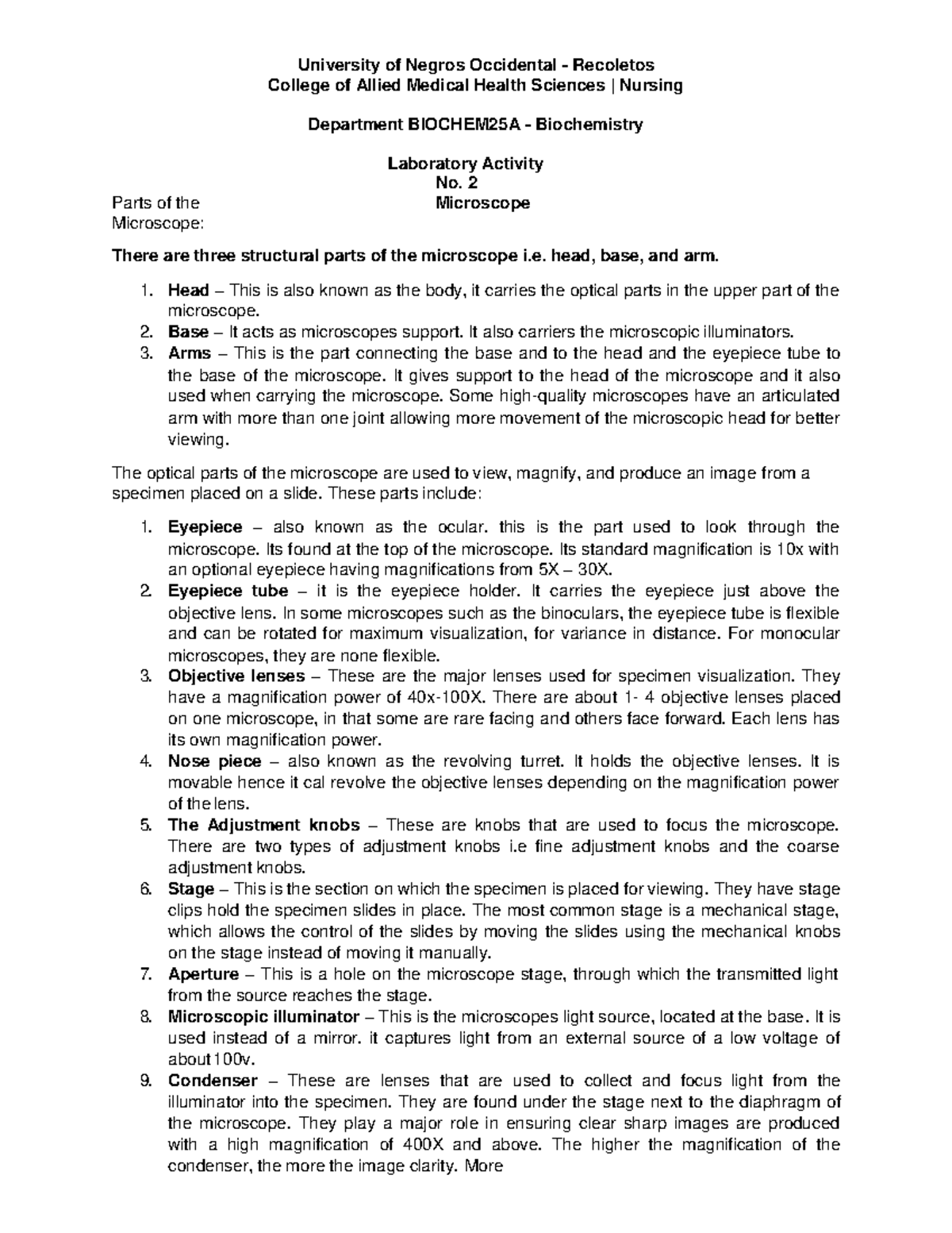 Activity - Microscope - University of Negros Occidental - Recoletos ...