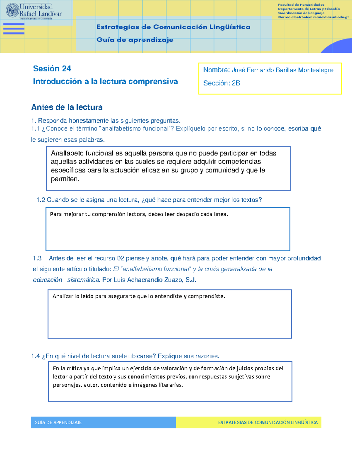 Guía de aprendizaje sesión 24 - Antes de la lectura Responda ...