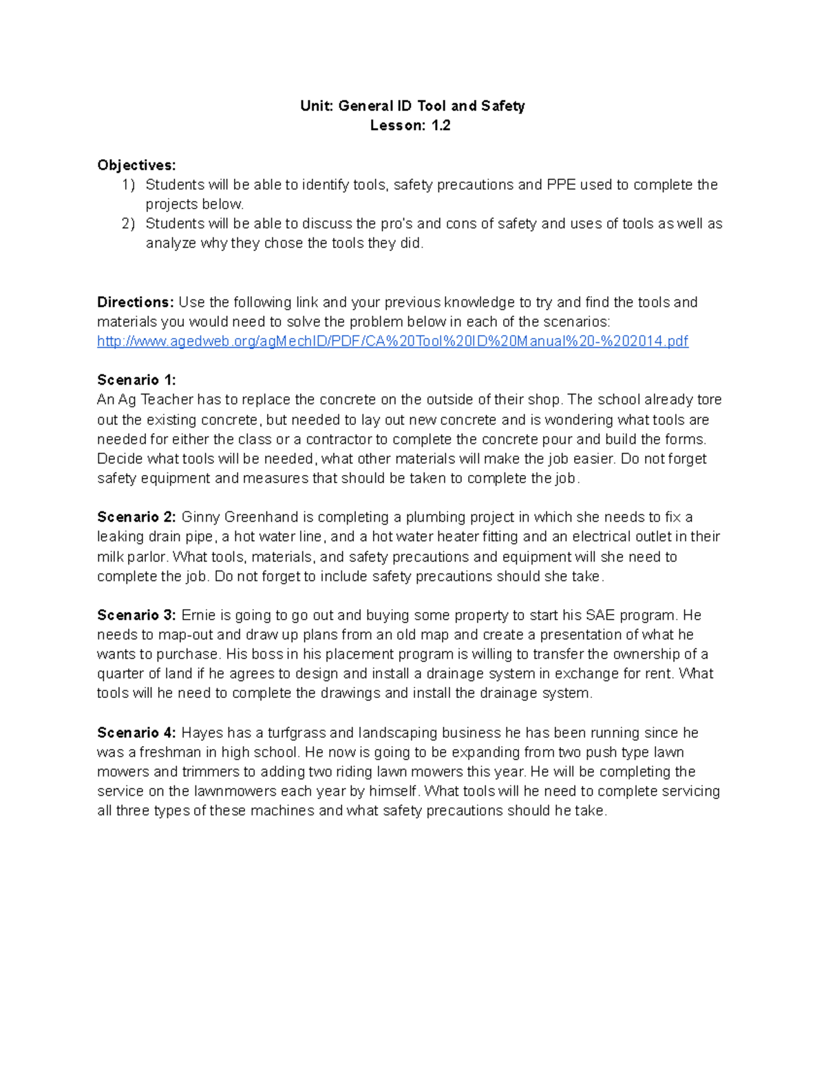 Tool ID Scenarios - Unit: General ID Tool and Safety Lesson: 1 ...