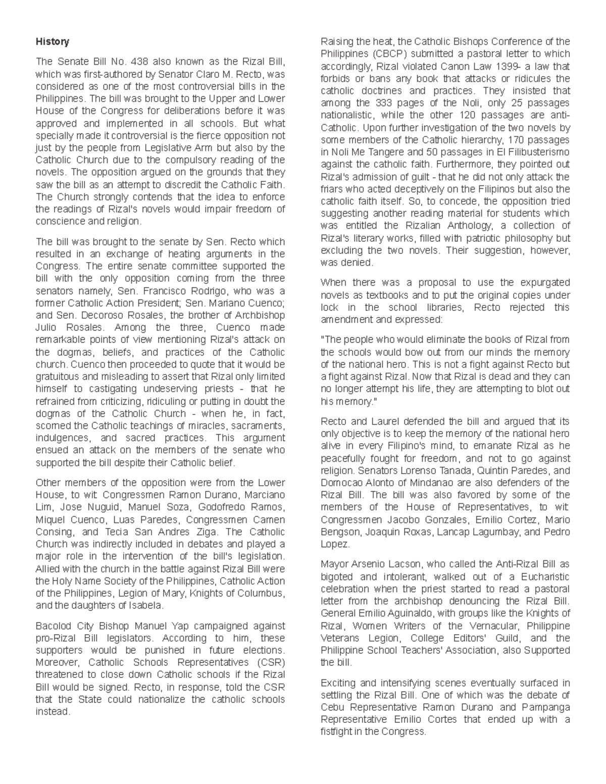 GE- Rizal- Notes - History The Senate Bill No. 438 also known as the ...