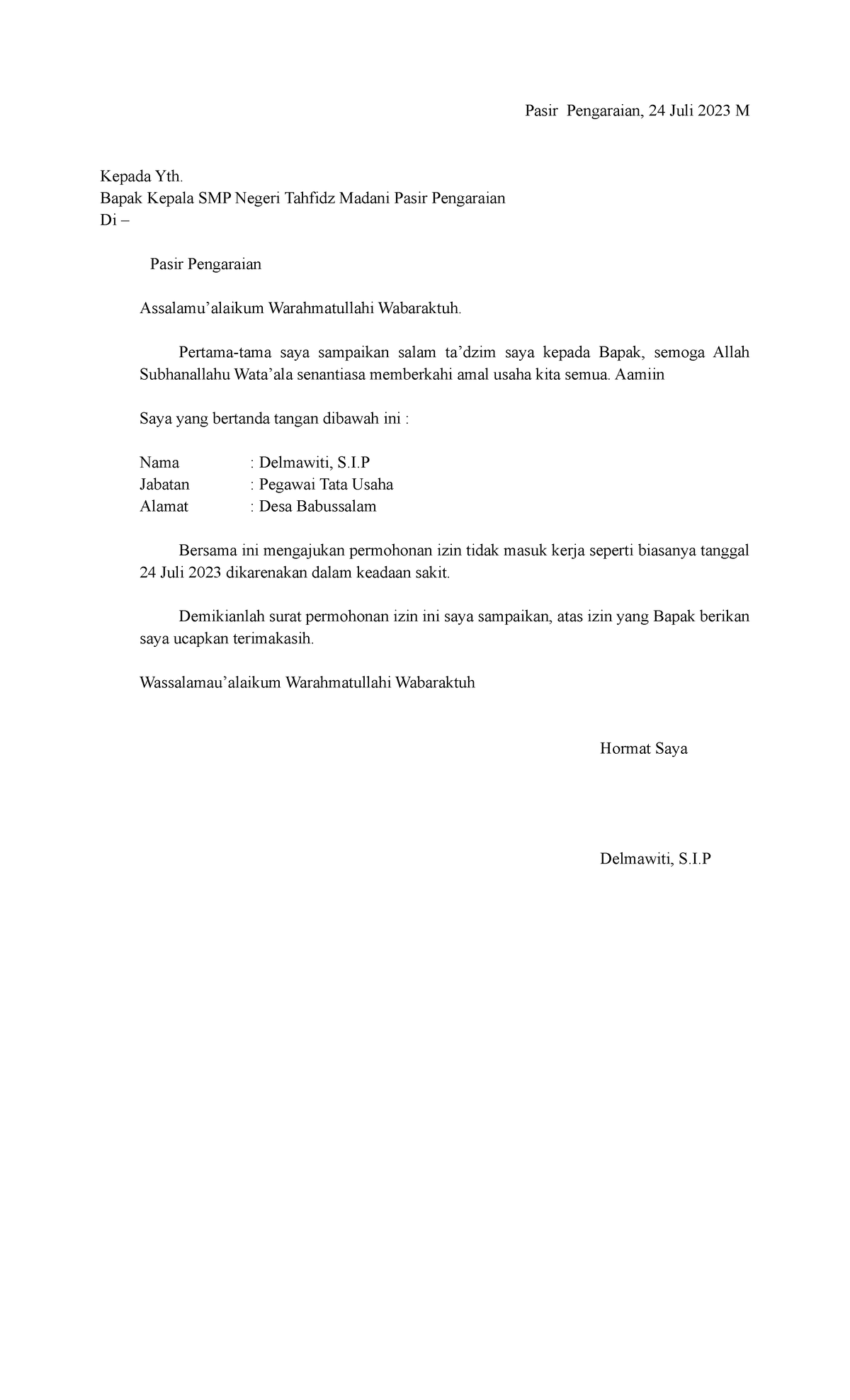 Format Surat Izin pribadi - Pasir Pengaraian, 24 Juli 2023 M Kepada Yth ...