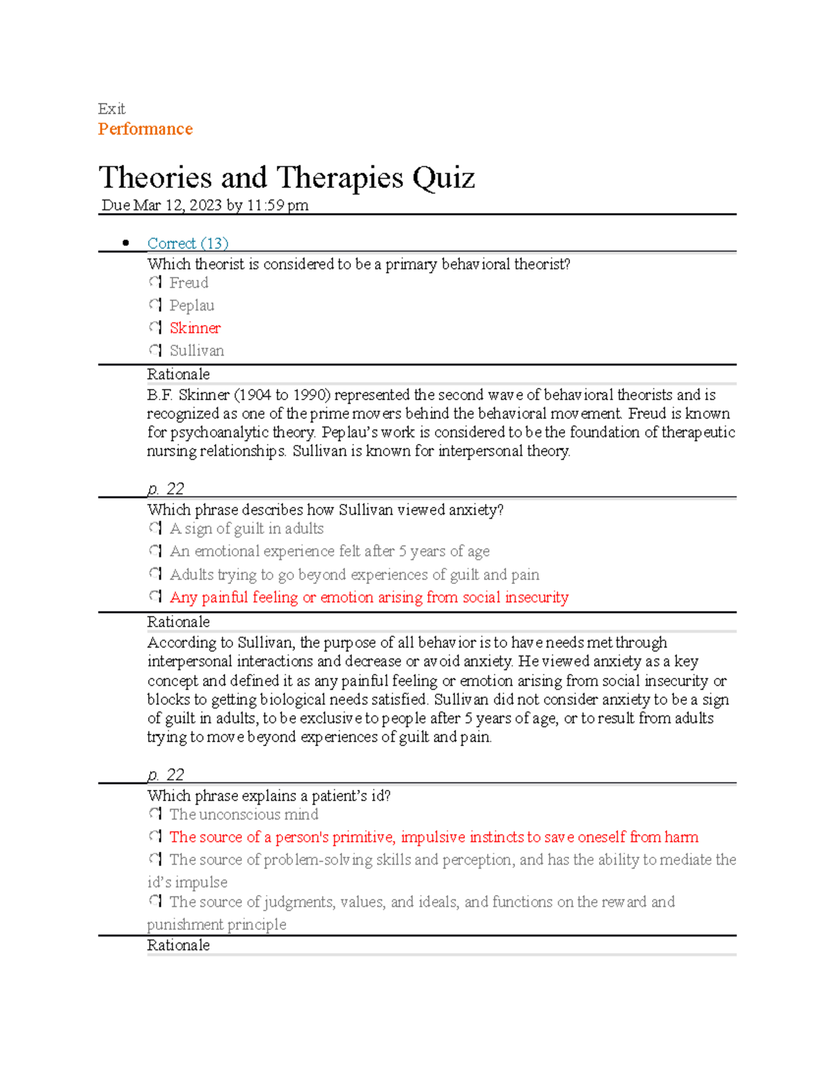 Theories and Therapies Quiz - Exit Performance Theories and Therapies ...
