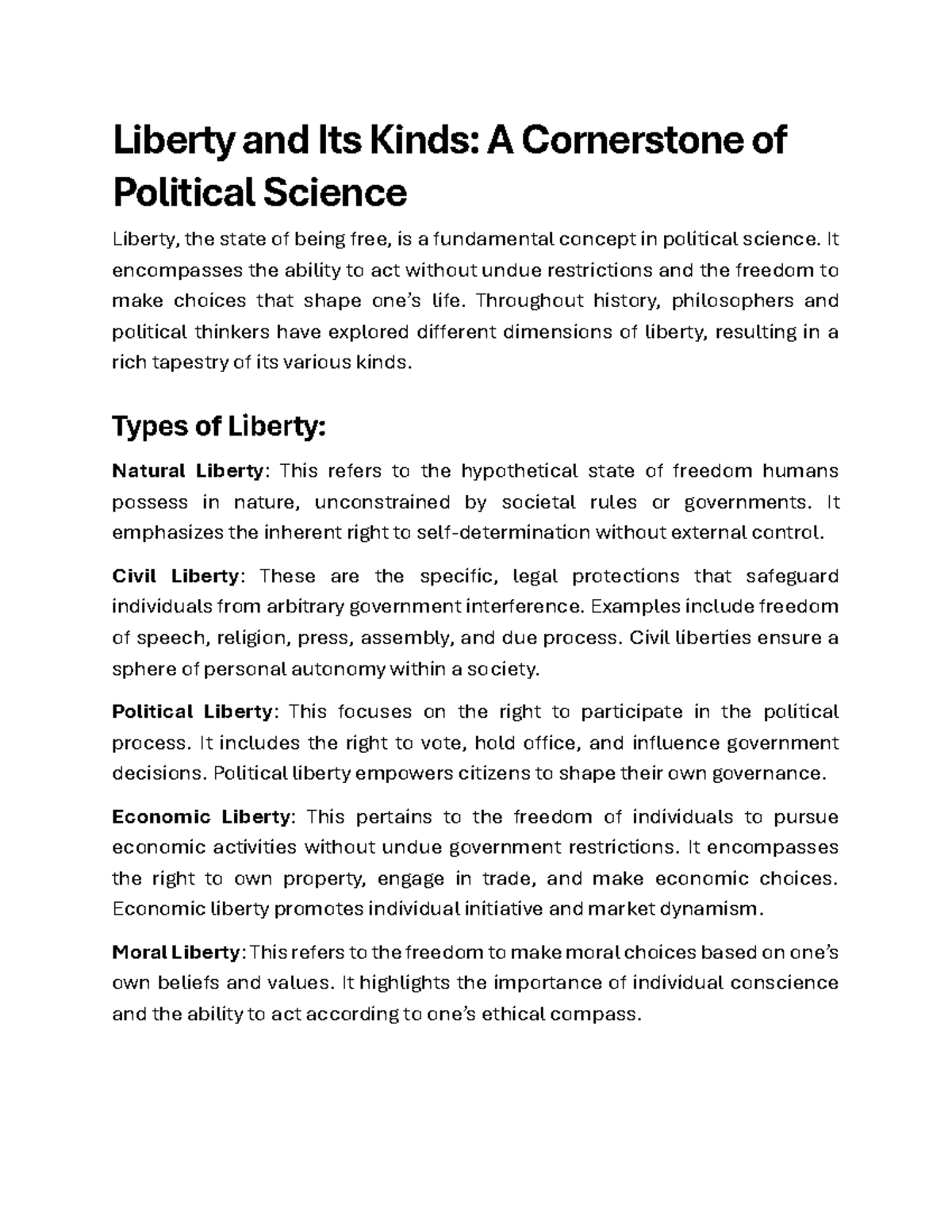 Liberty and its Kinds - It encompasses the ability to act without undue ...