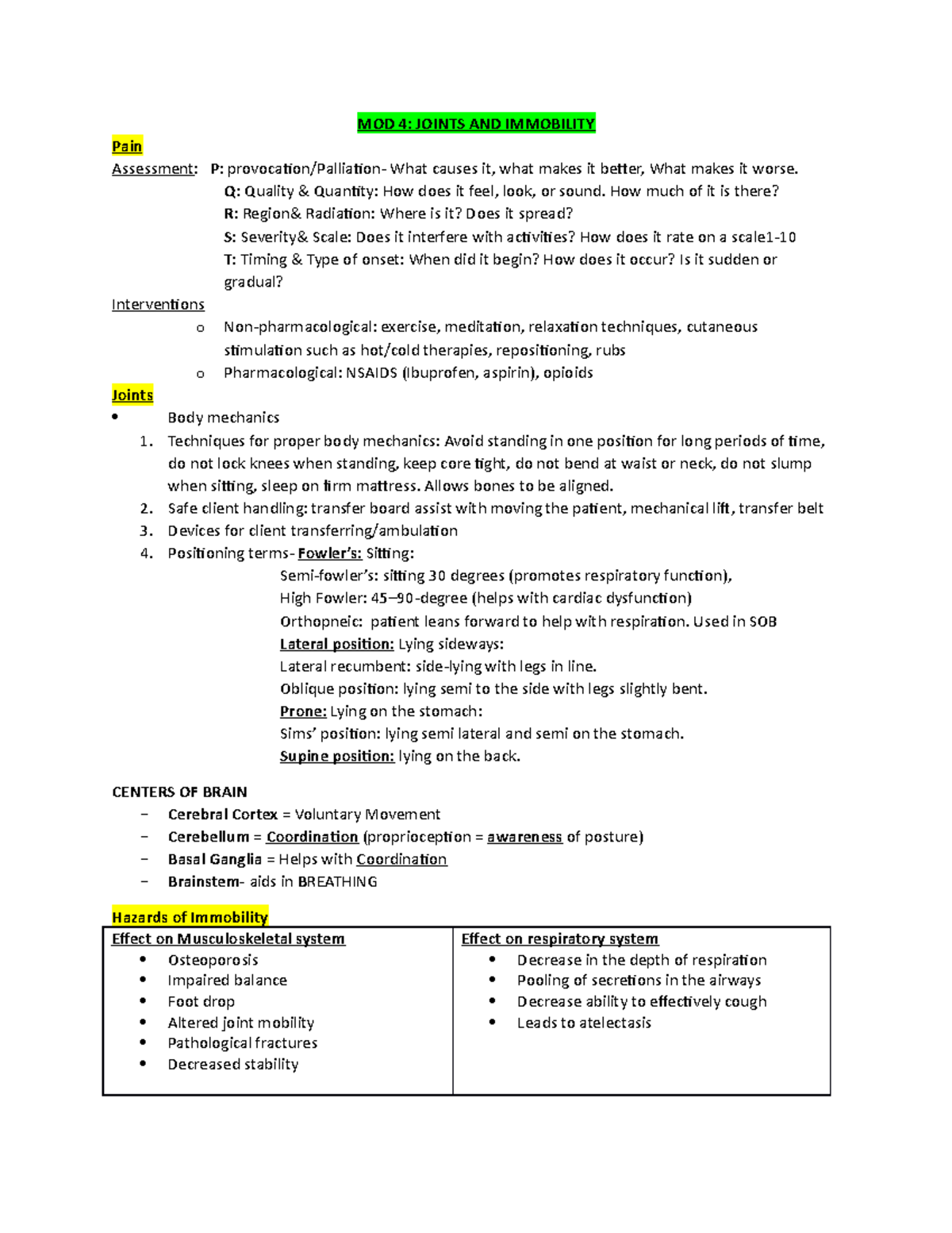 MDC1 Final Study Guide - MOD 4: JOINTS AND IMMOBILITY Pain Assessment ...