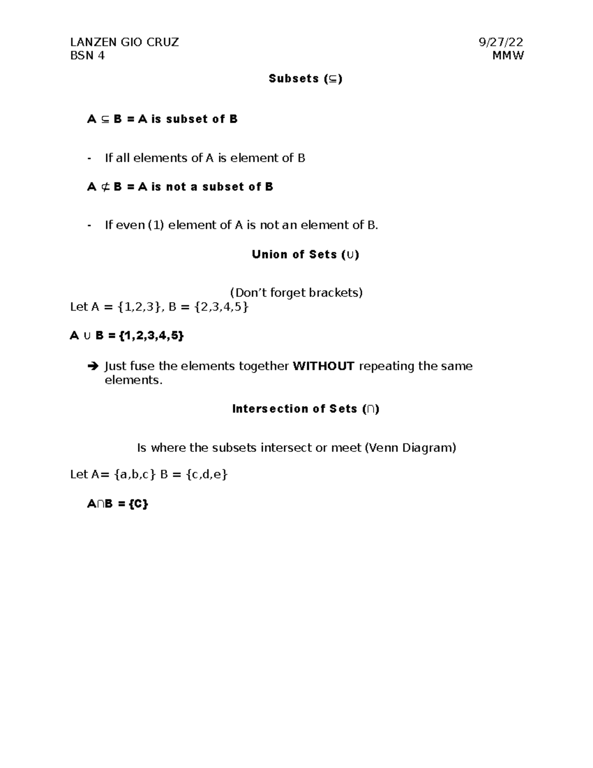 Subsets - Union of Sets forget brackets) Let A B A B Just fuse the ...
