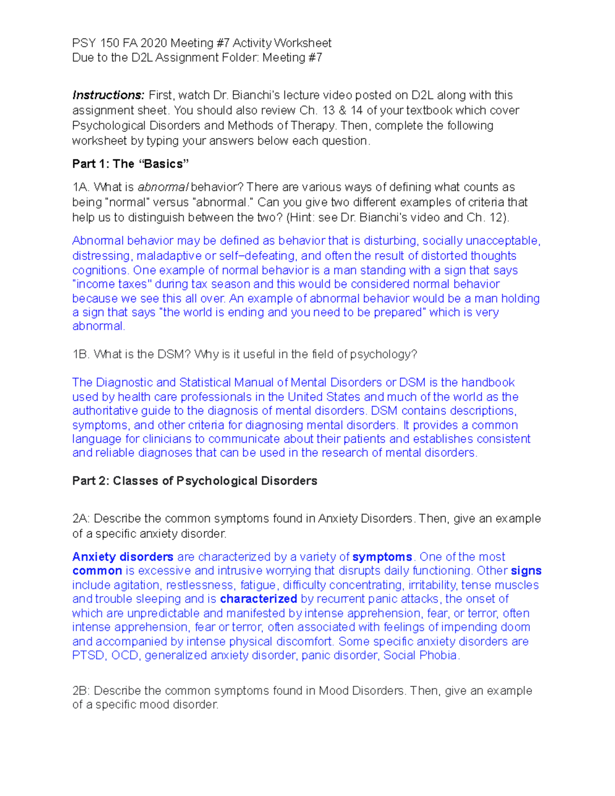 PSY 150 Mtg 7 Worksheet - class work - PSY 150 FA 2020 Meeting #7 Activity Worksheet Due to the ...