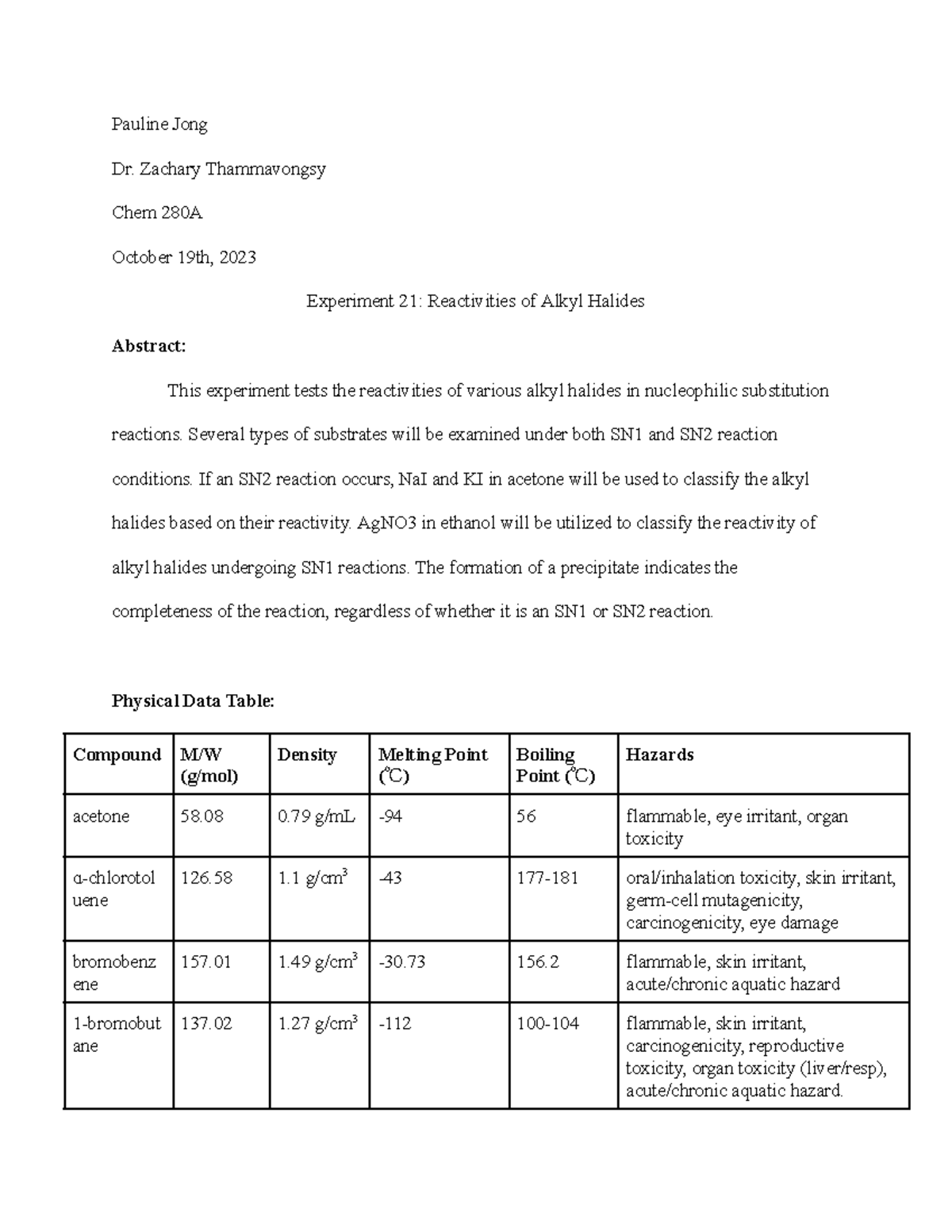 Experiment 21 Formal - Pauline Jong Dr. Zachary Thammavongsy Chem 280A ...