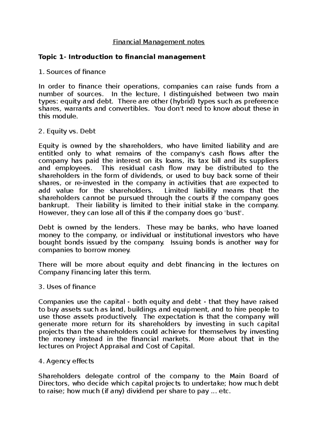 Financial Management notes - Financial Management notes Topic 1 ...