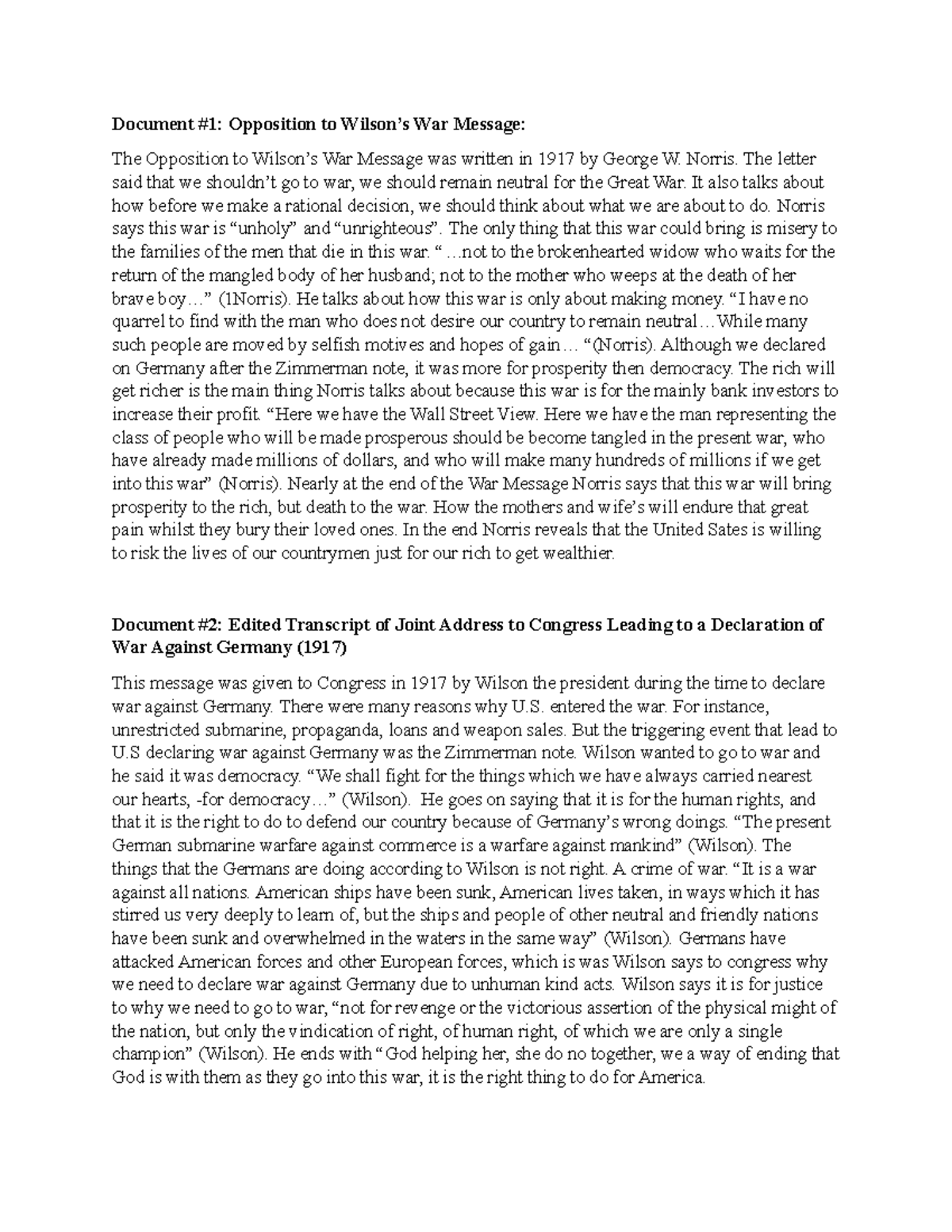 Assignment 2 - Document 1 just contains a summary of Wilsons War ...