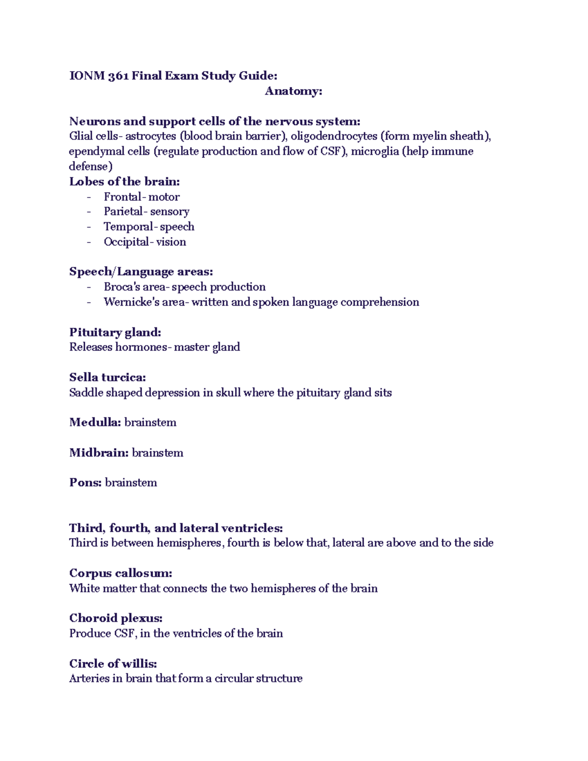 IONM final exam notes - IONM 361 Final Exam Study Guide: Anatomy ...