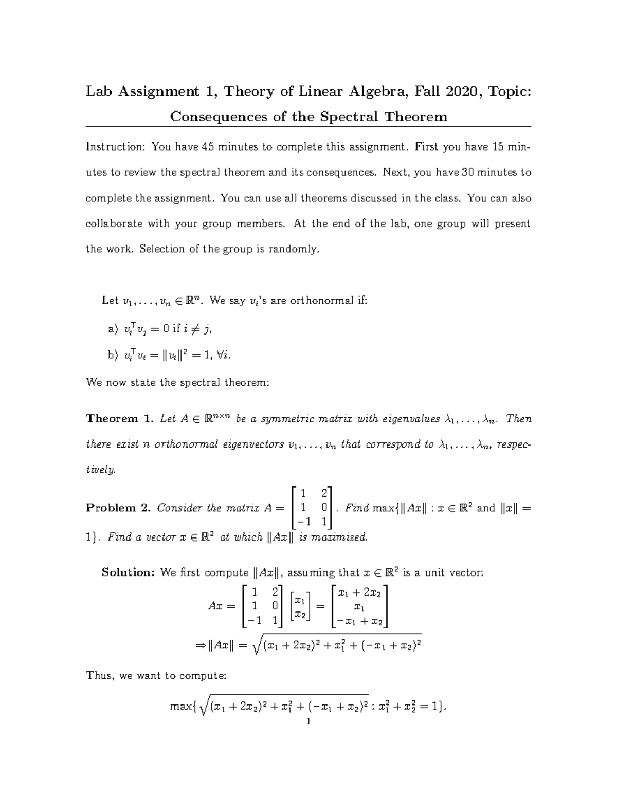 Lab1 - Consequences of the Spectral Theorem - Lab Assignment 1, Theory of Linear Algebra, Fall ...