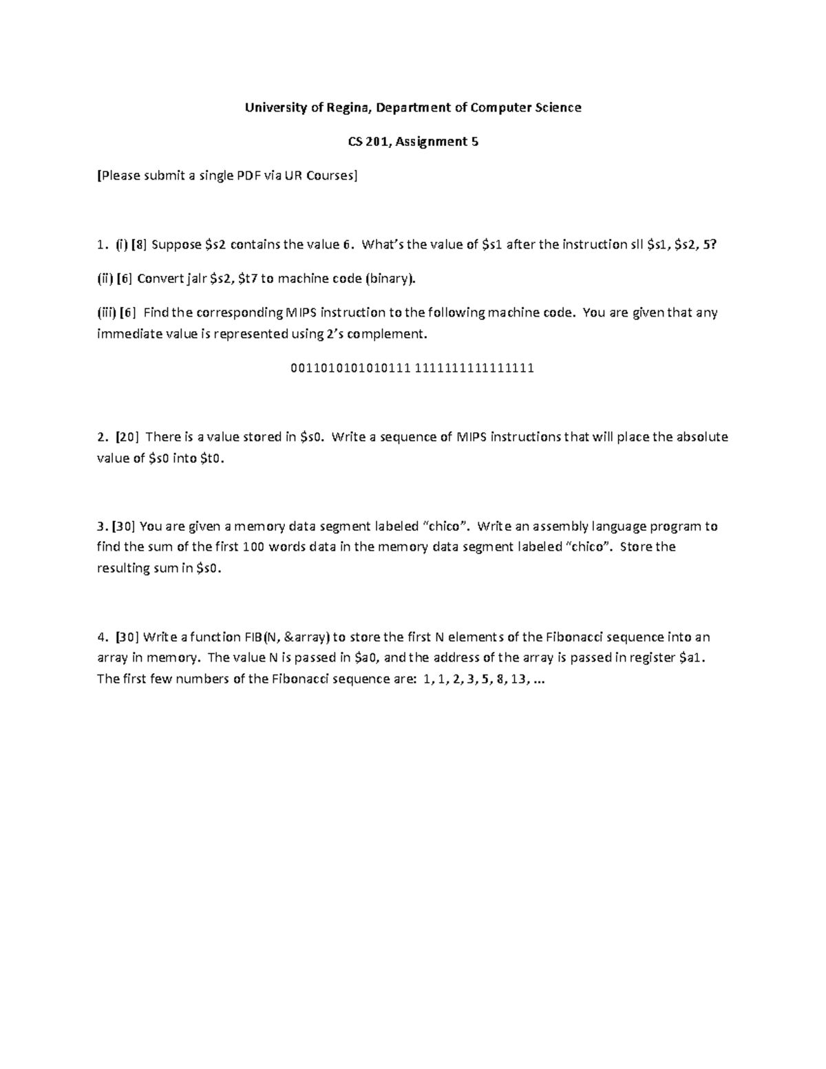 Asg5 Assignment University Of Regina Department Of Computer Science Cs 201 Assignment 5