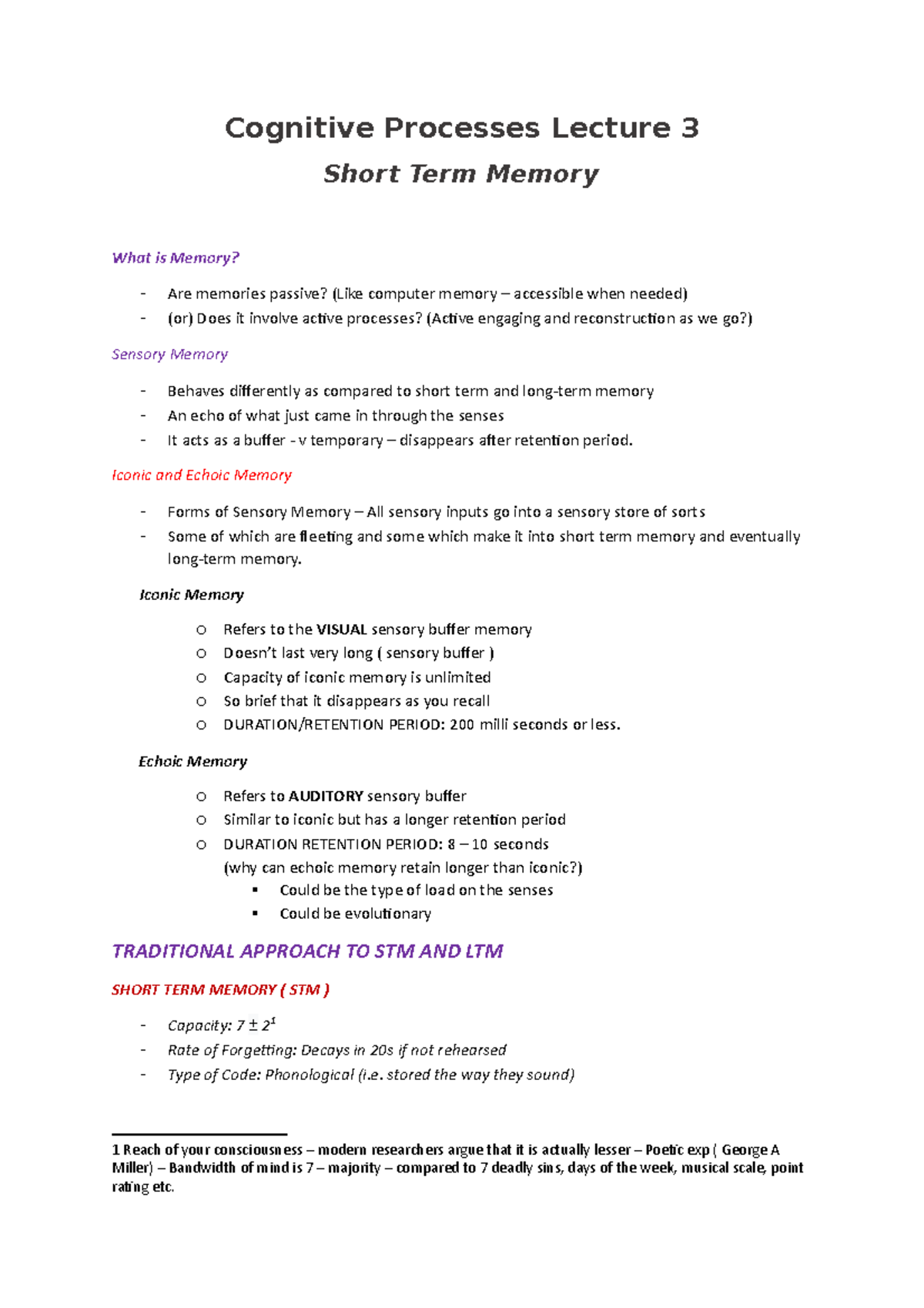 Cognitive Processes Lecture 3 - Iconic and Echoic Memory - Forms of ...