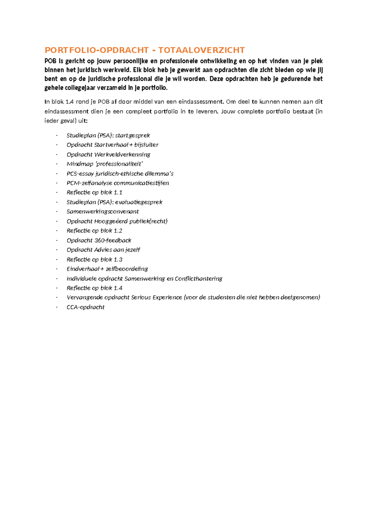 POB blok 1.4 totaaloverzicht portfolio - PORTFOLIO-OPDRACHT - TOTAALOVERZICHT POB is gericht op ...