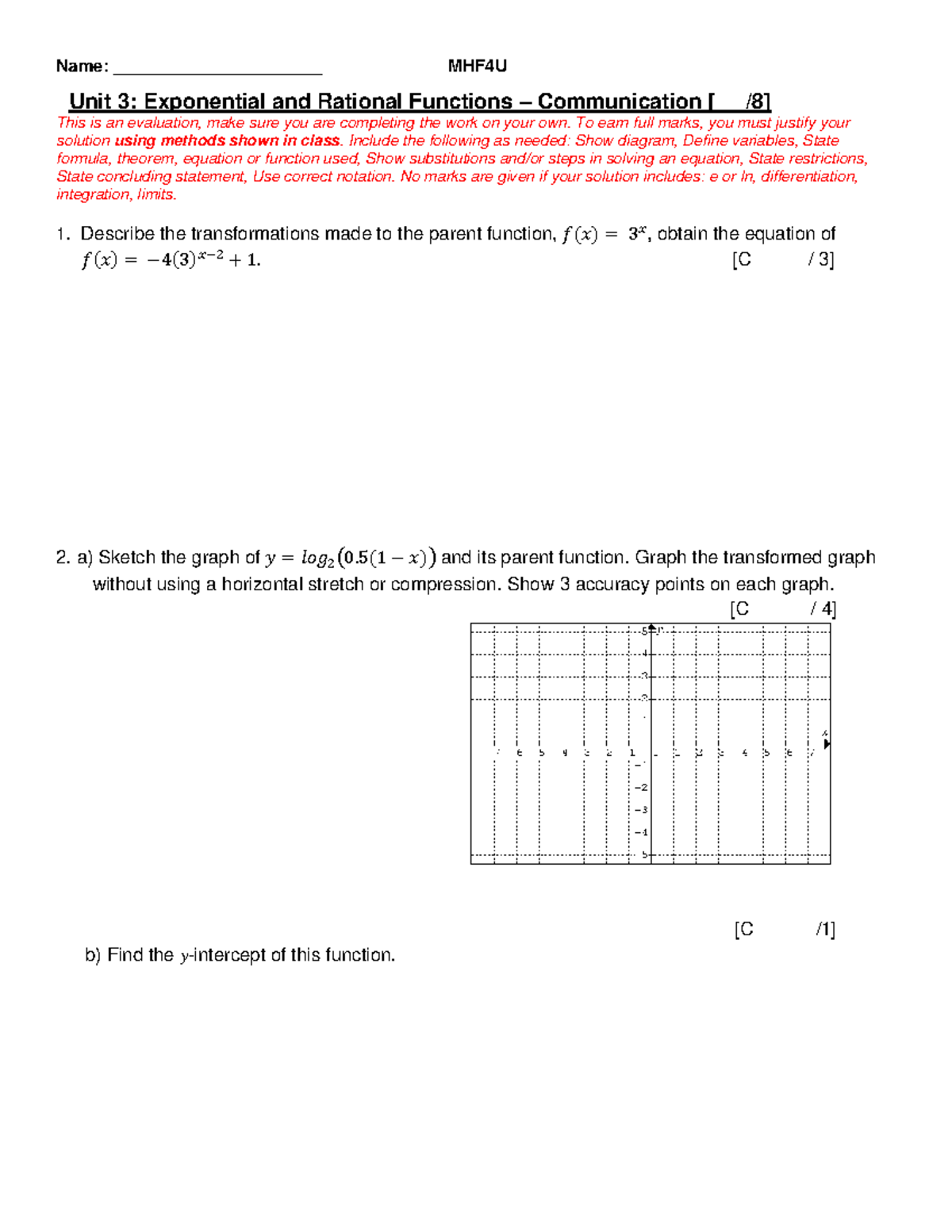 Unit 3 Test - test - Unit 3: Exponential and Rational Functions ...