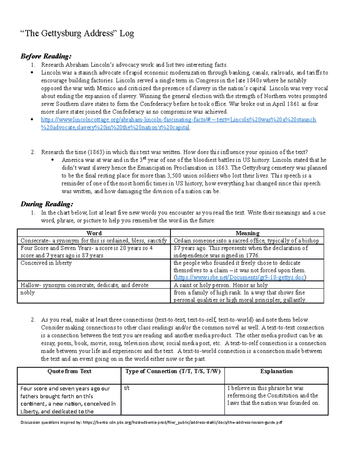 Gettysburg Address LOG - “The Gettysburg Address” Log Before Reading ...