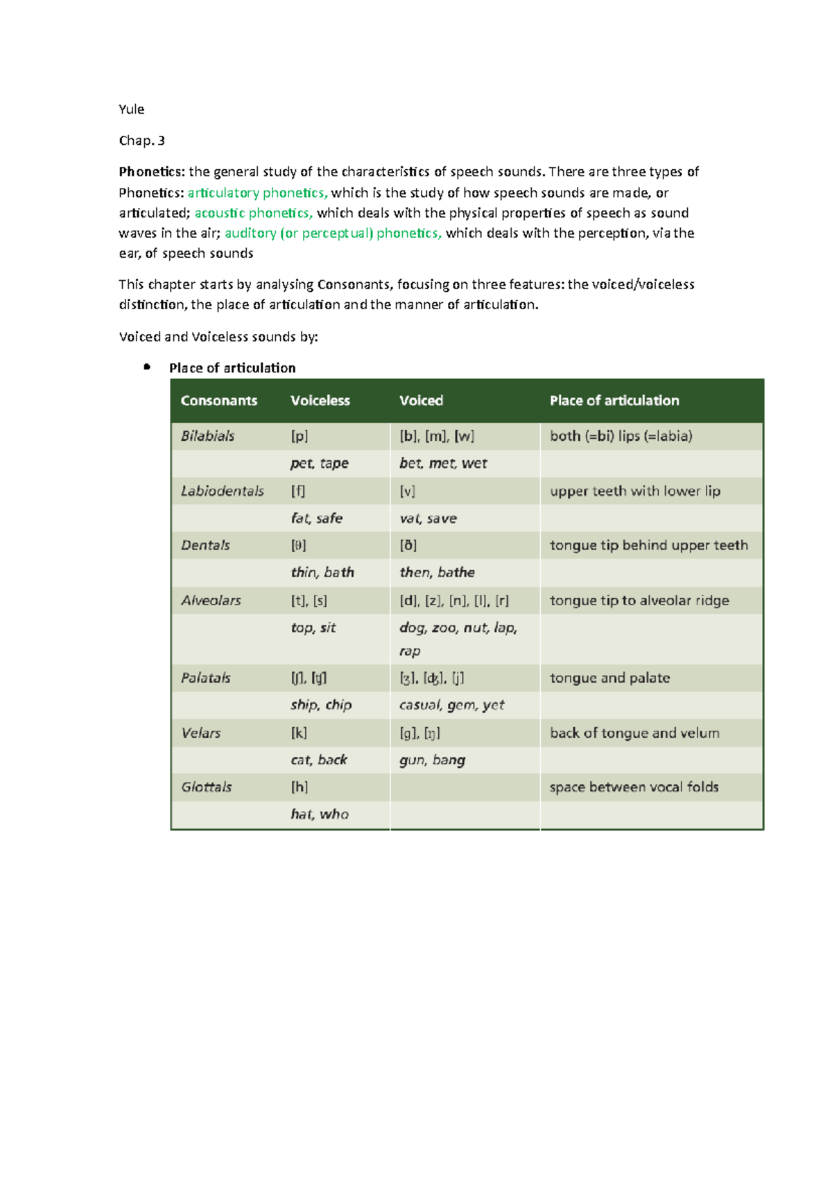 Resumo Yule - Yule Chap. 3 Phonetics: the general study of the ...