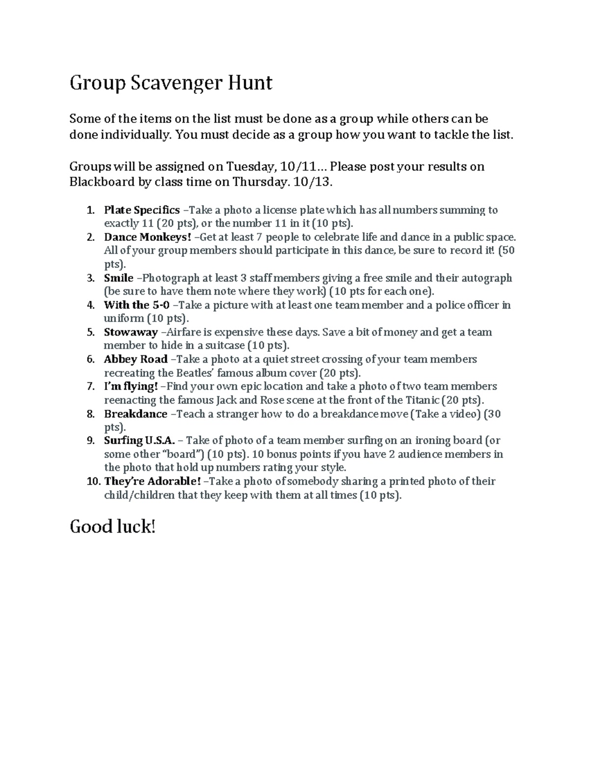 Group Scavenger Hunt Instructions - Group Scavenger Hunt Some of the ...