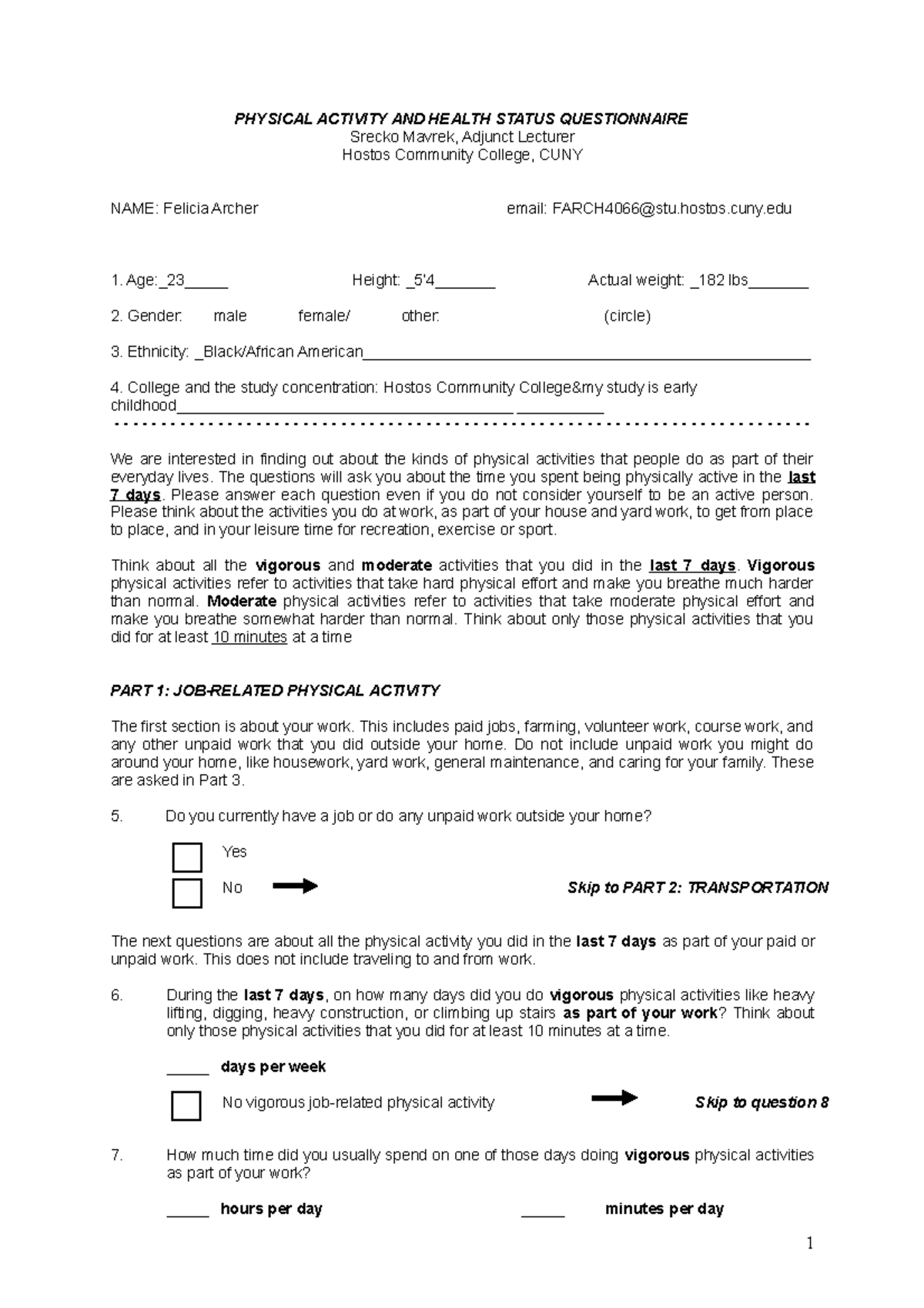 Felicias PED assessment - PHYSICAL ACTIVITY AND HEALTH STATUS ...