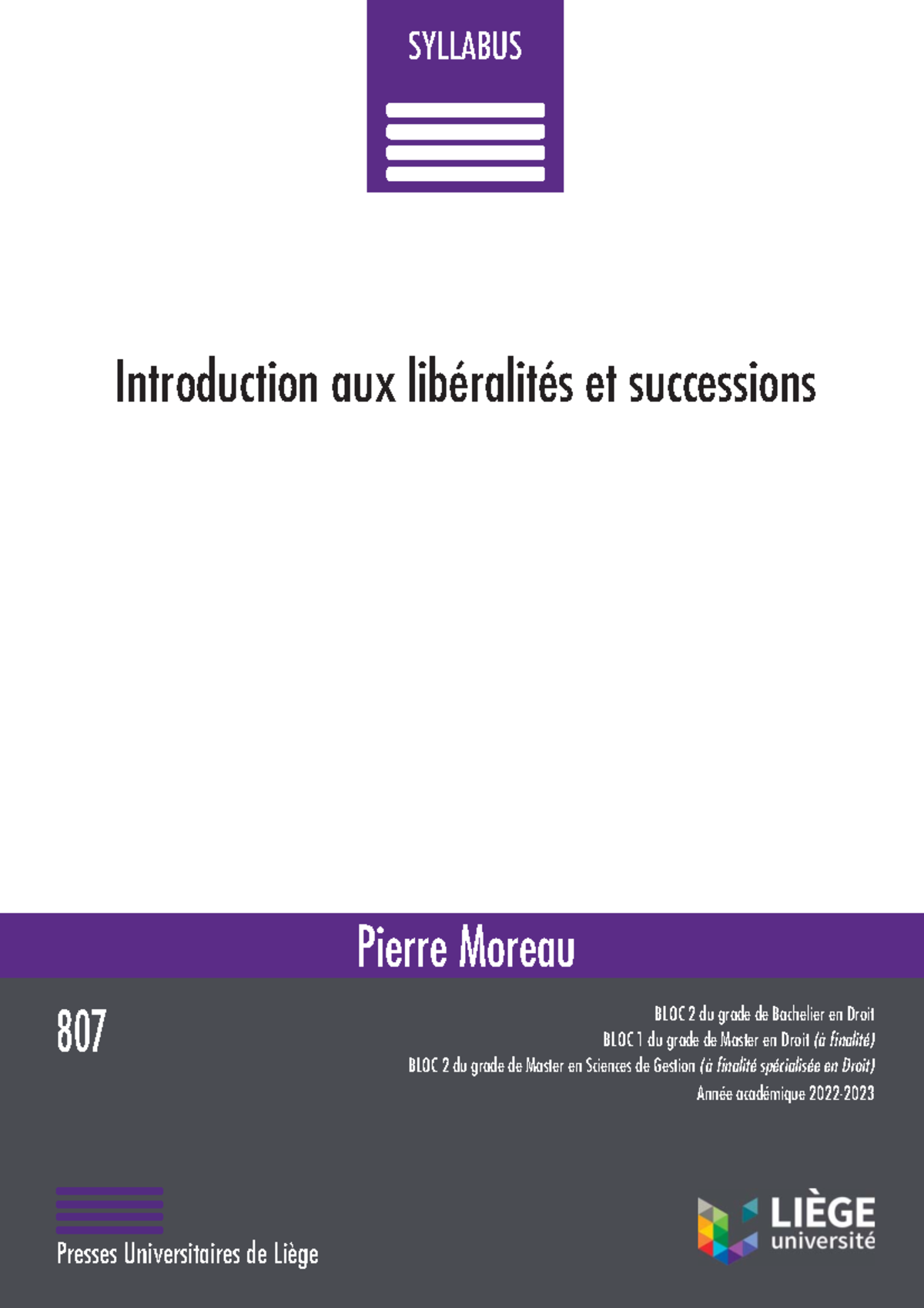 L&S syllabus - SYLLABUS Presses Universitaires de Liège Pierre Moreau Introduction aux ...