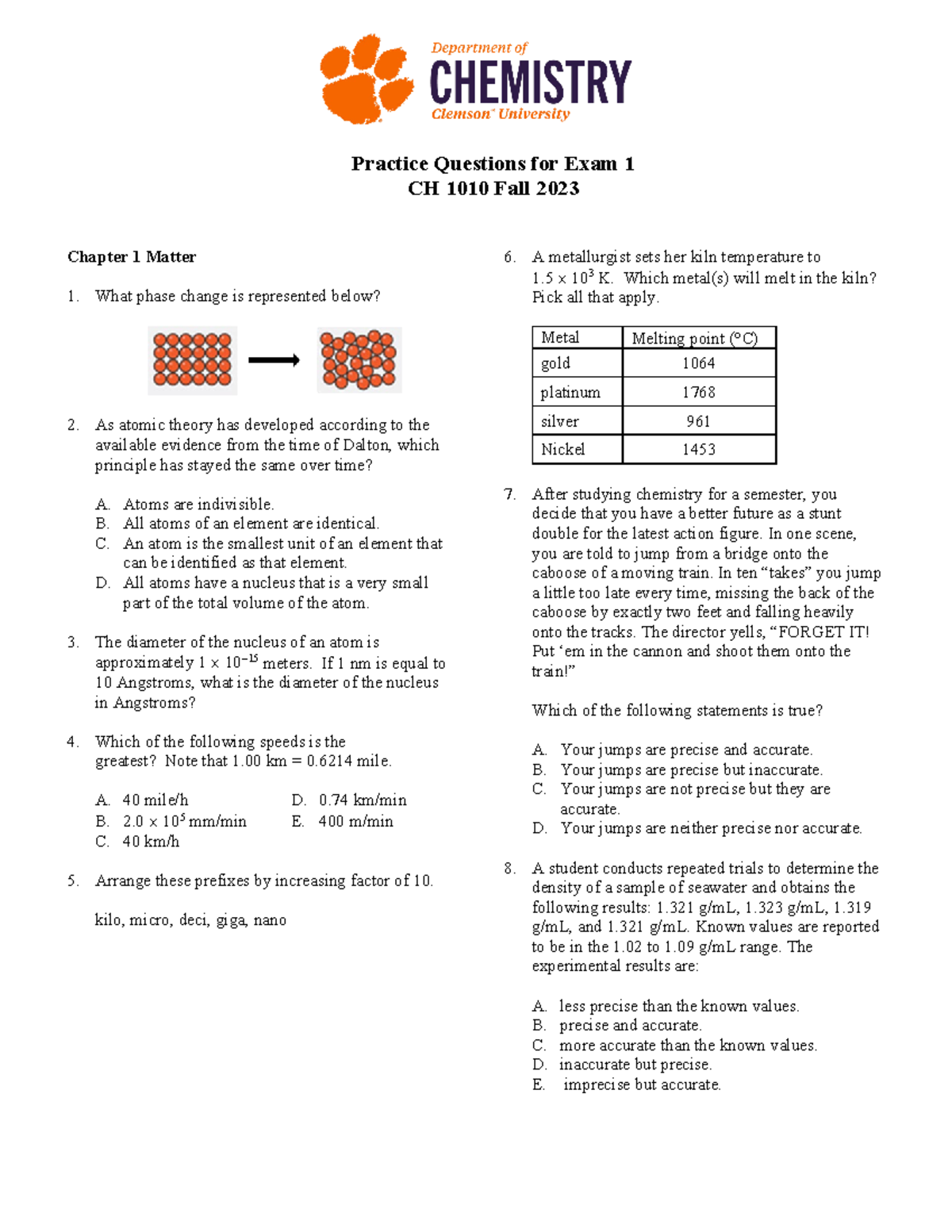 Practice Questions for Exam 1 CH 101 0 Fall 2023 - Practice Questions ...