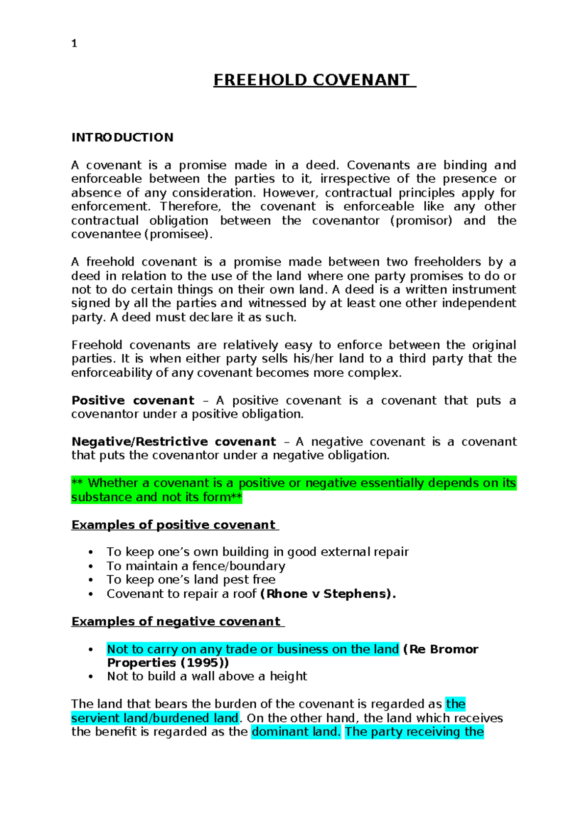 Freehold- Covenant-Notes - FREEHOLD COVENANT INTRODUCTION A covenant is ...