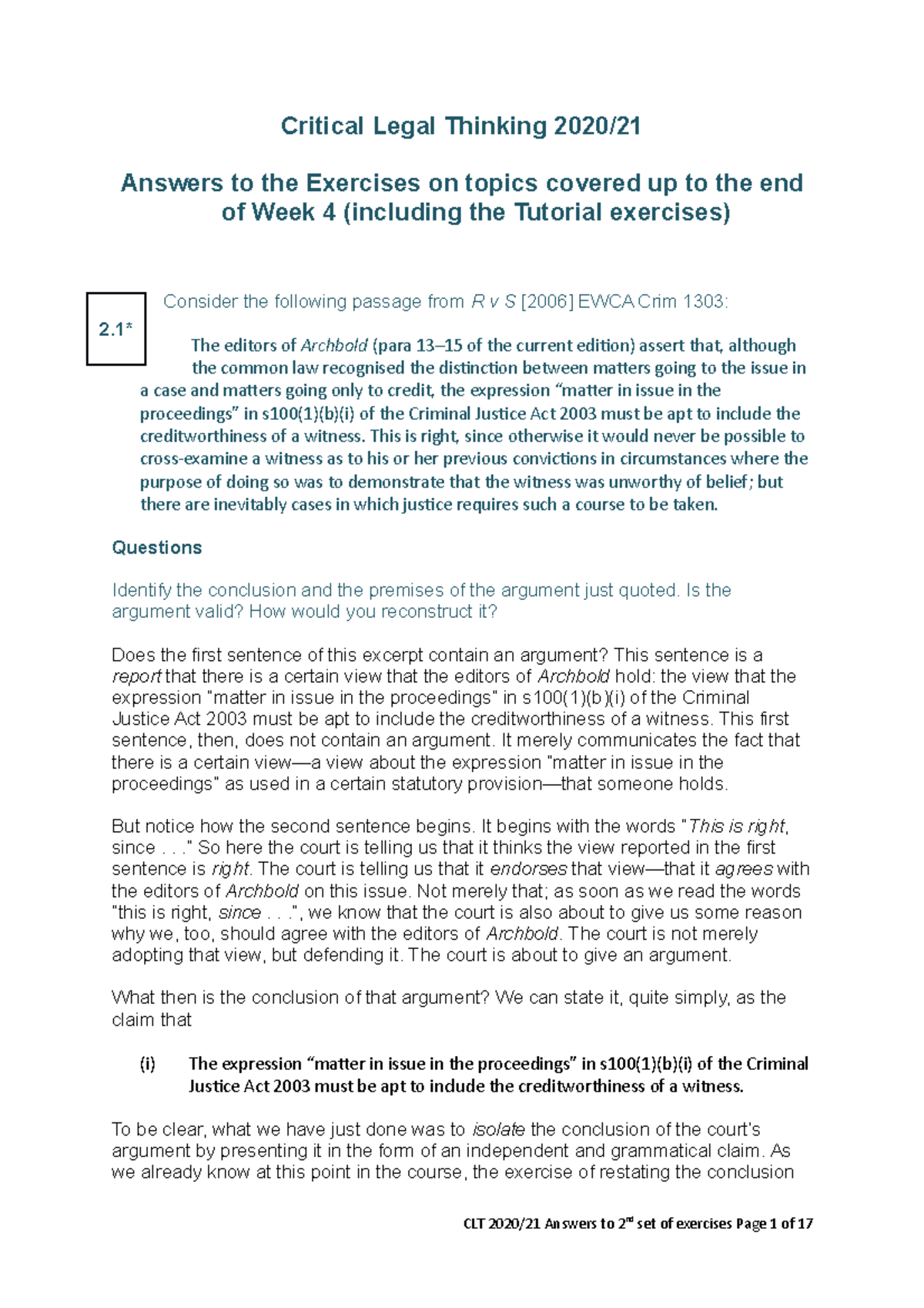CLT week 4 tut answers - Critical Legal Thinking 2020/ Answers to the ...